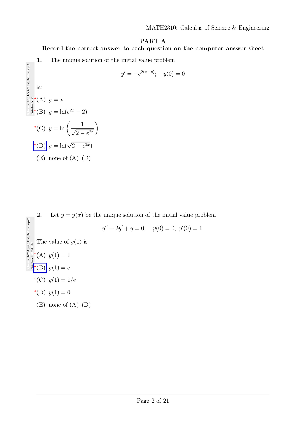 Final 12 September 2011 Questions Part A Record The Correct Answer