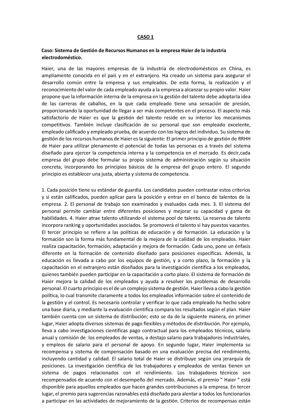 Examen Final Gestion De Recursos Humanos Caso 1 Caso Sistema De