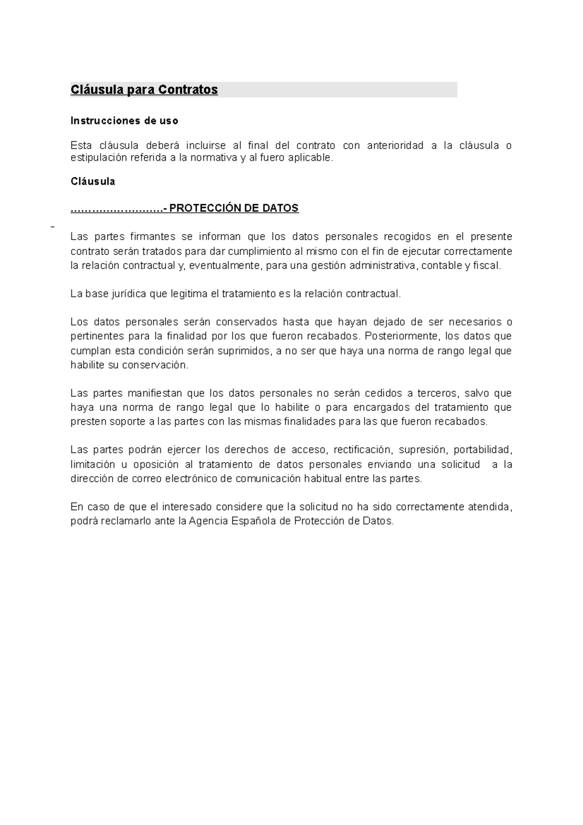 Cláusula De Protección De Datos Personales Para Contratos Cláusula