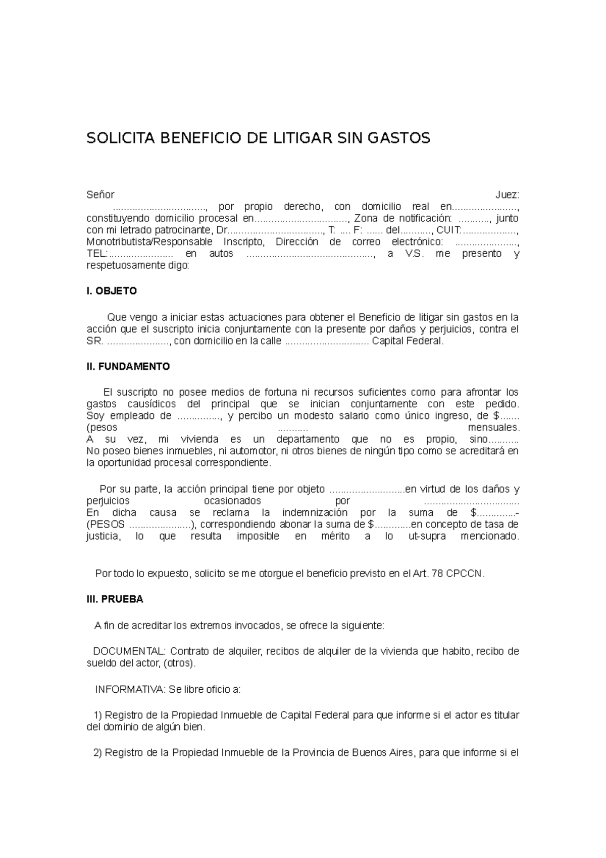 Solicita Beneficio De Litigar Sin Gastos Solicita Beneficio De