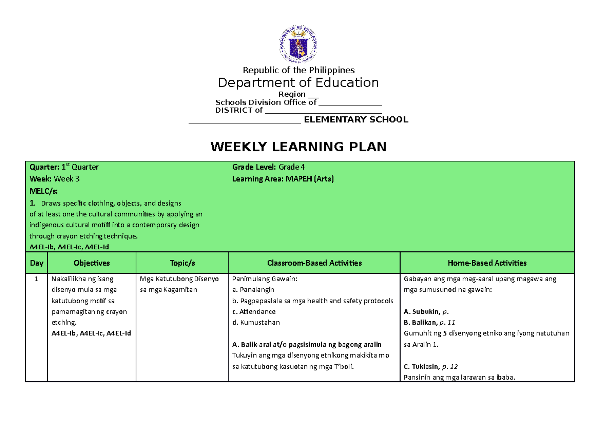 Aee Arts4 Wlp Q1 Week3 Arts Dll Republic Of The Philippines