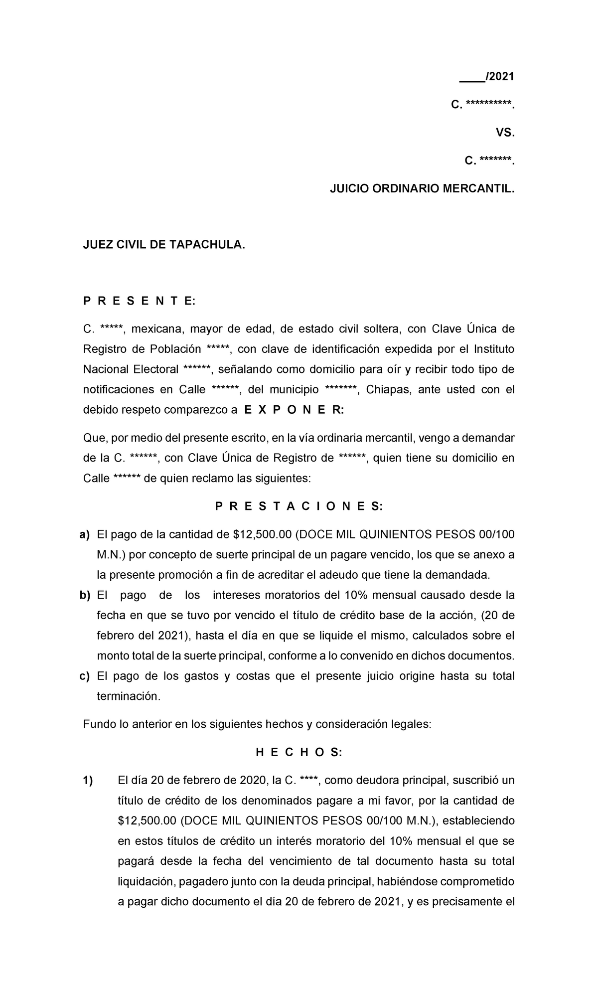 Ejemplo De Demanda De Un Juicio Ordinario Mercantil C