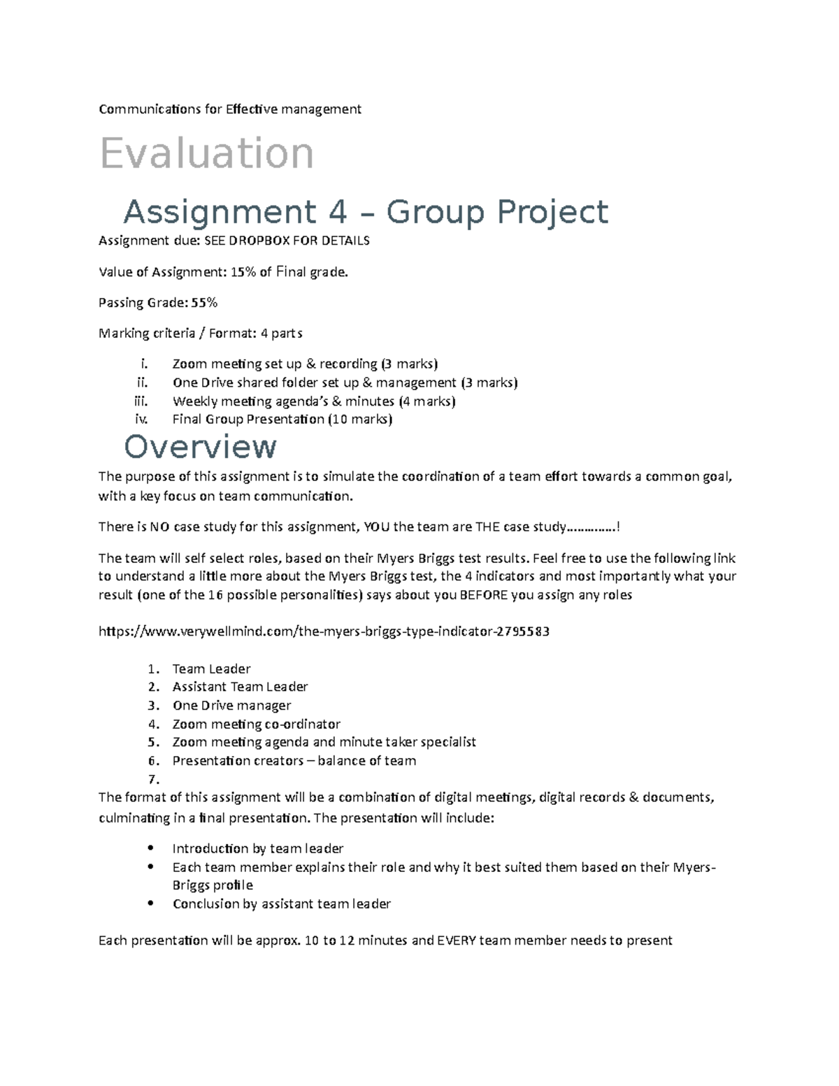 Group Project Assignment Communications For Effective Management