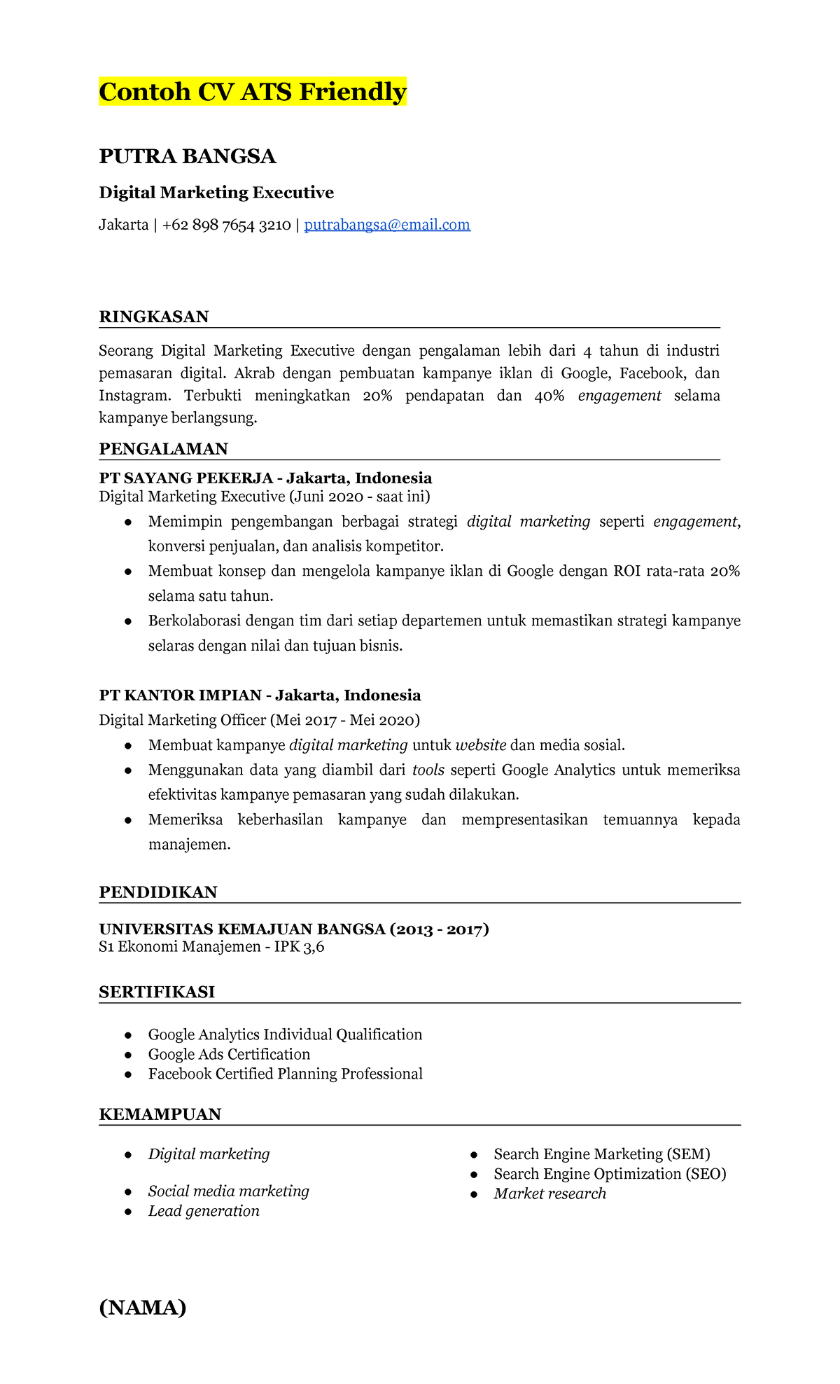 Contoh Template Cv Ats Friendly