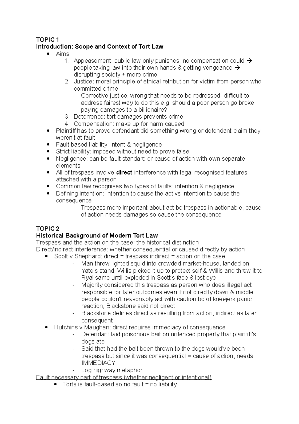 Torts Notes And Case Summaries Topic 1 Introduction Scope And