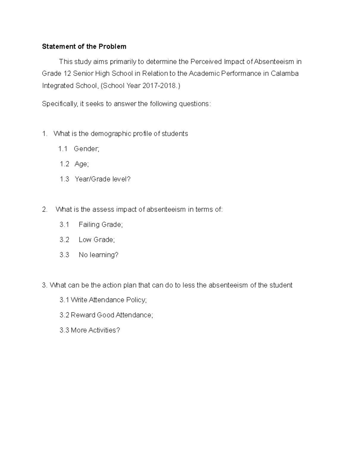 Statement Of The Problem What Is The Demographic Profile Of Students