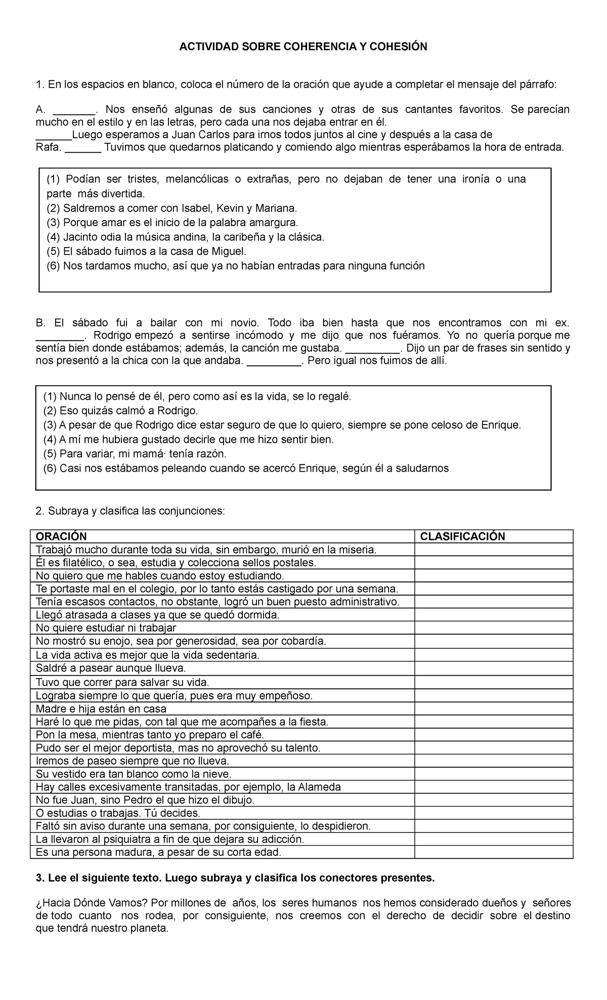 Actividad De Coherencia Y Cohesión Actividad Sobre Coherencia Y