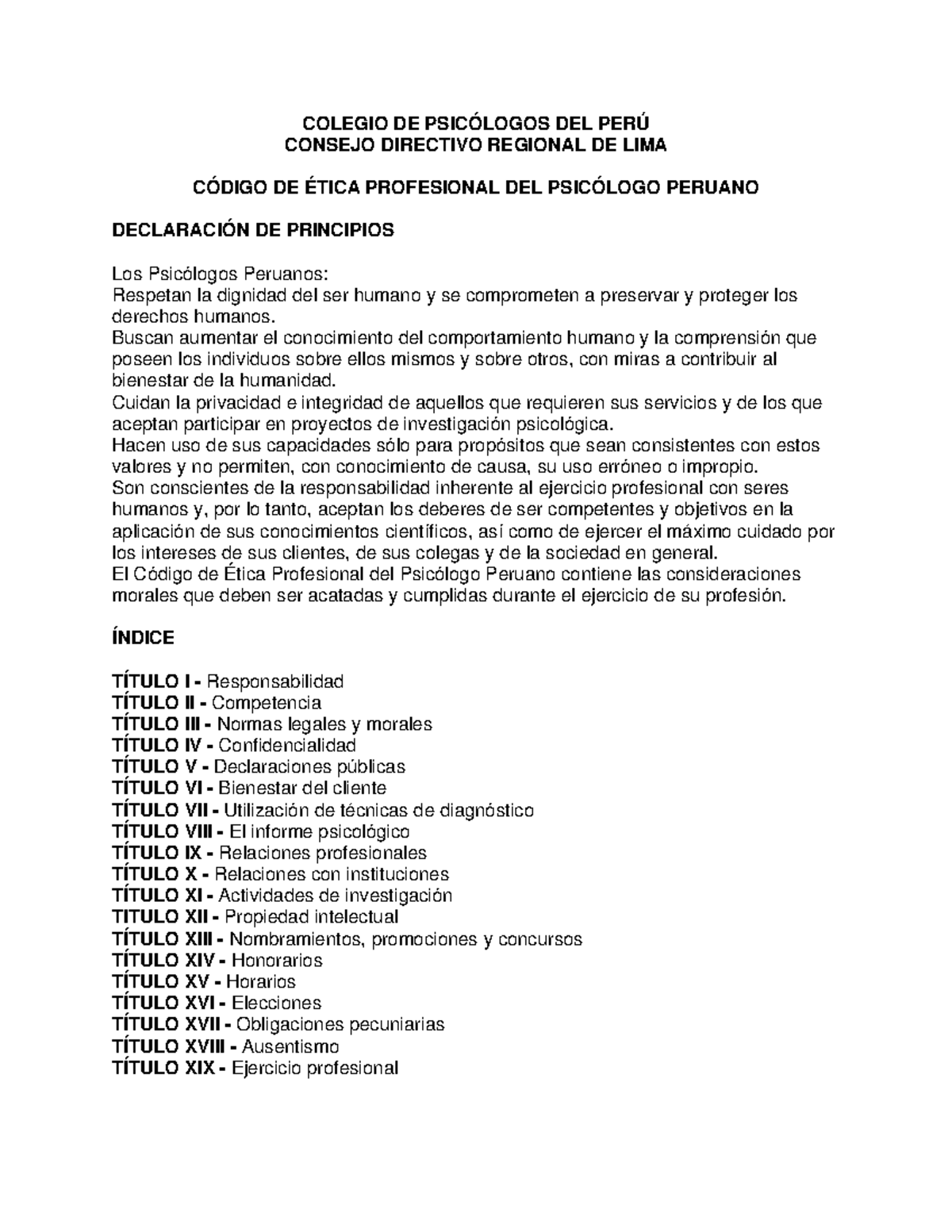 Código Ética Psicologos Peru Colegio De PsicÓlogos Del PerÚ Consejo