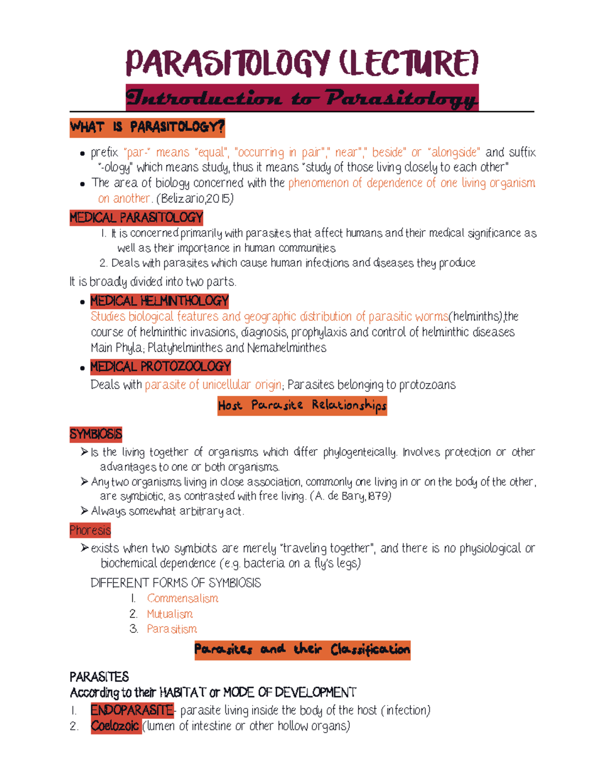 Parasitology Notes Mod1 Parasitology Lecture Introduction To