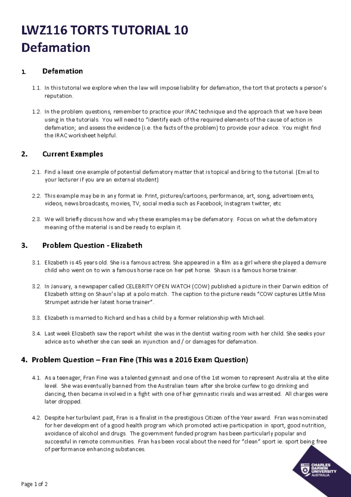 Tutorial 10 Defamation Problem Page 1 Of 2 Lwz116 Torts Tutorial 10