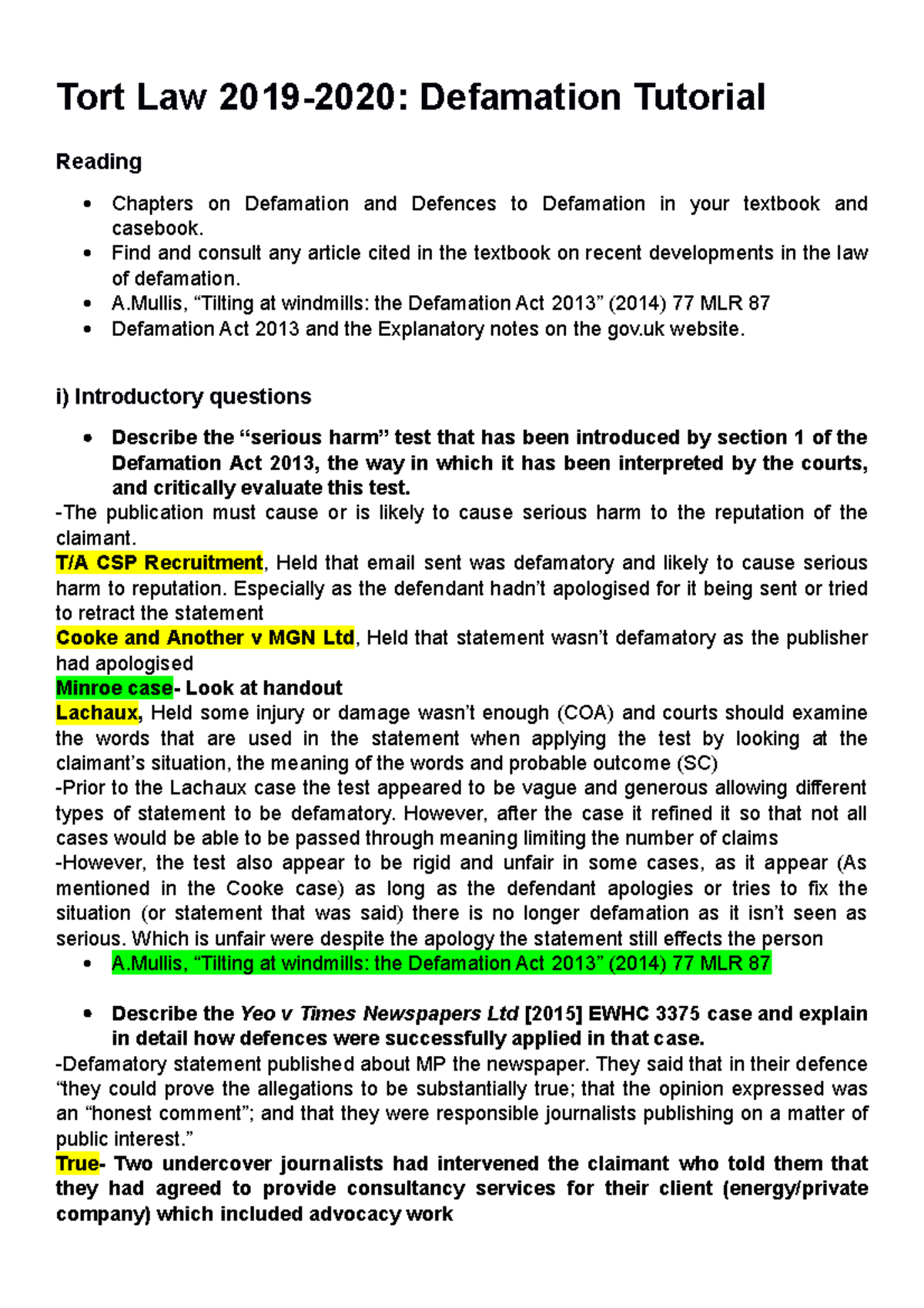 Defamation Tutorial Tort Law 2019 2020 Defamation Tutorial Reading