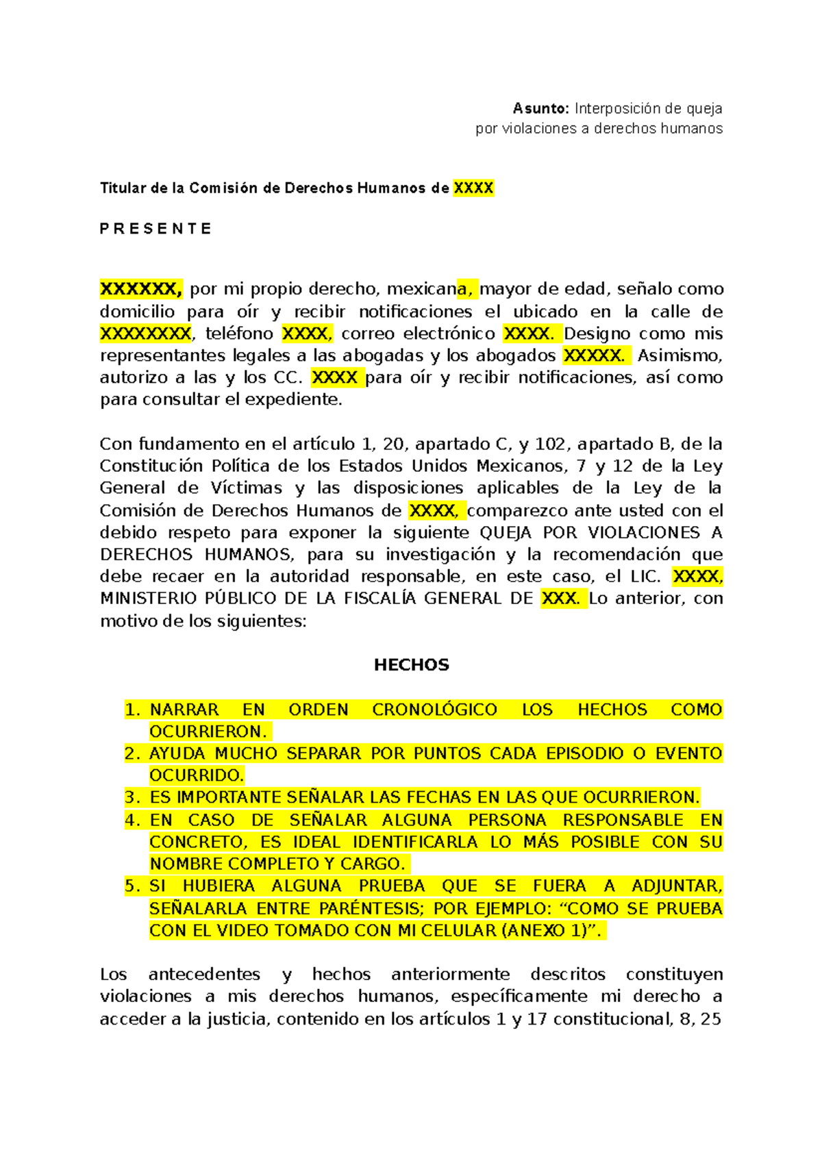 Formato De Queja Ante Comisión Estatal De Derechos Humanos Asunto