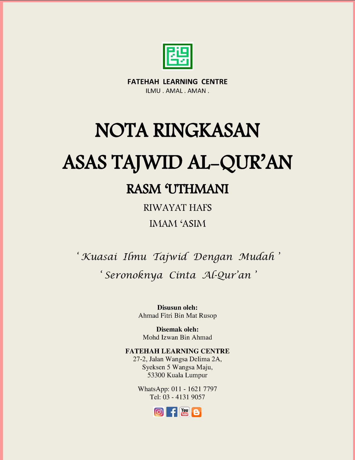 Nota Ringkasan Asas Tajwid Fatehah Learning Centre Ilmu Amal Aman