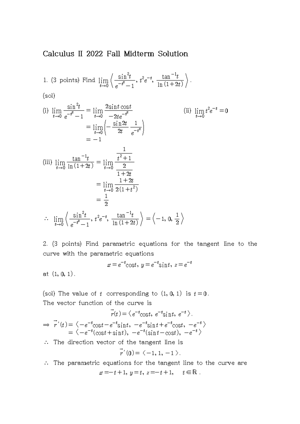 Calculus Ii 2022 Fall Midterm Exam Solution Calculus Ii 2022 Fall