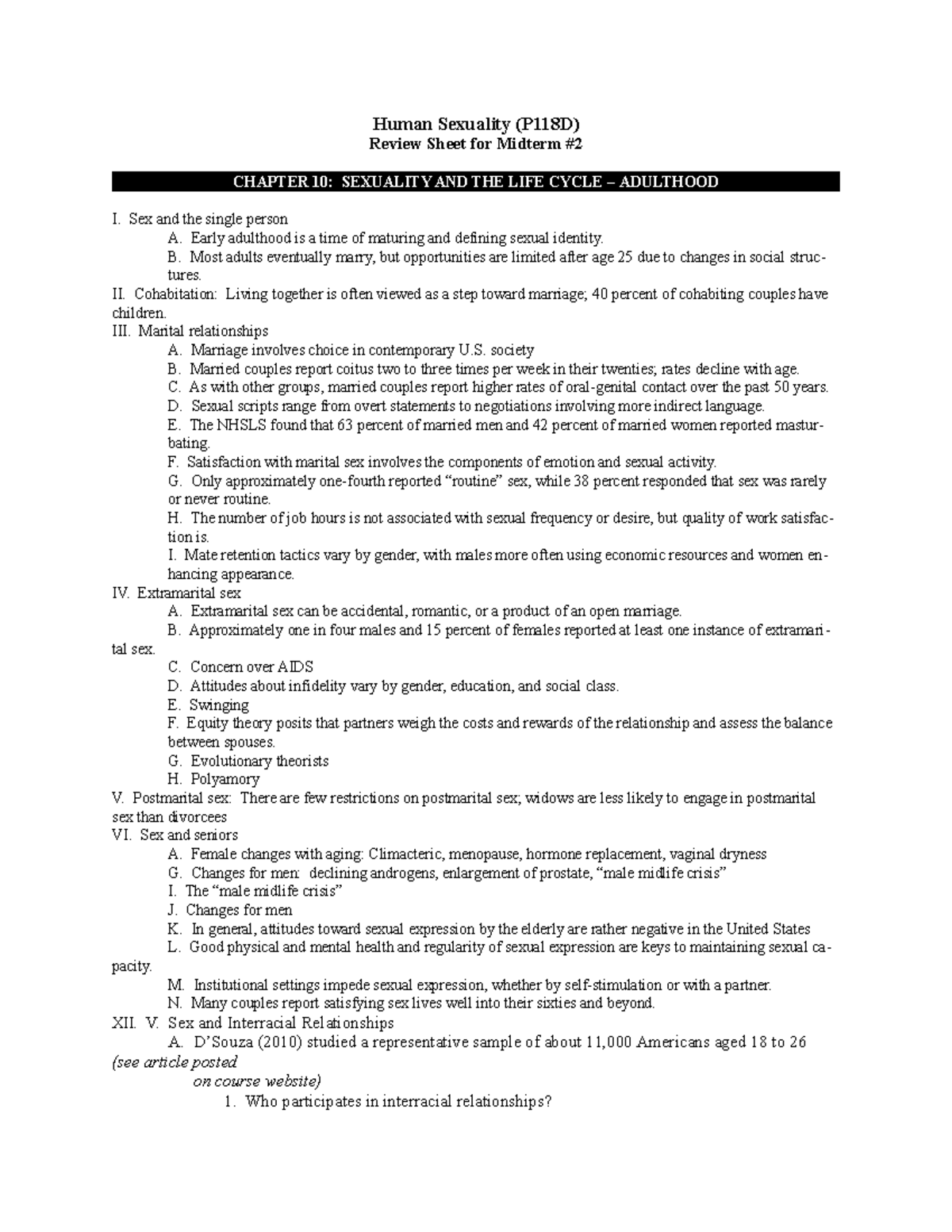 Human Sex 118d Midterm2 Study Guide Human Sexuality P118d Review