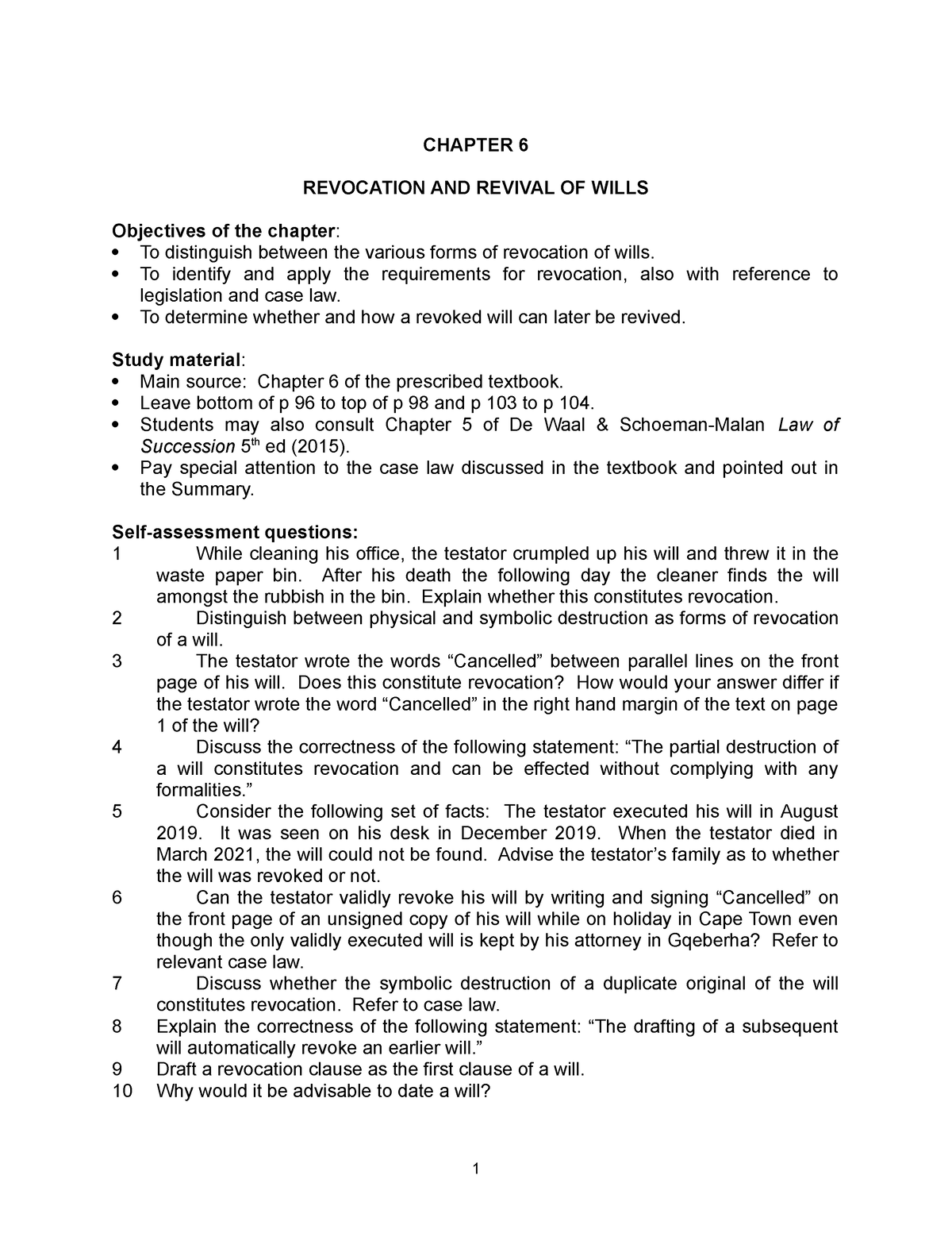 Law Of Succession Chapter 6 Chapter 6 Revocation And Revival Of Wills