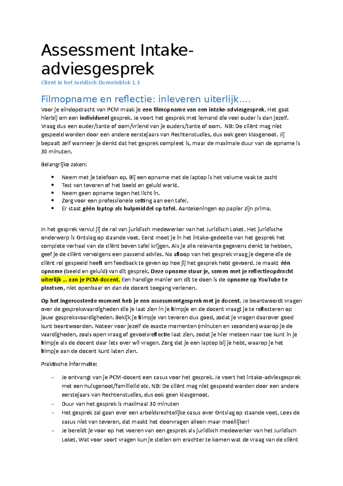 Opdracht Assessment Intake Advies Assessment Intake Adviesgesprek