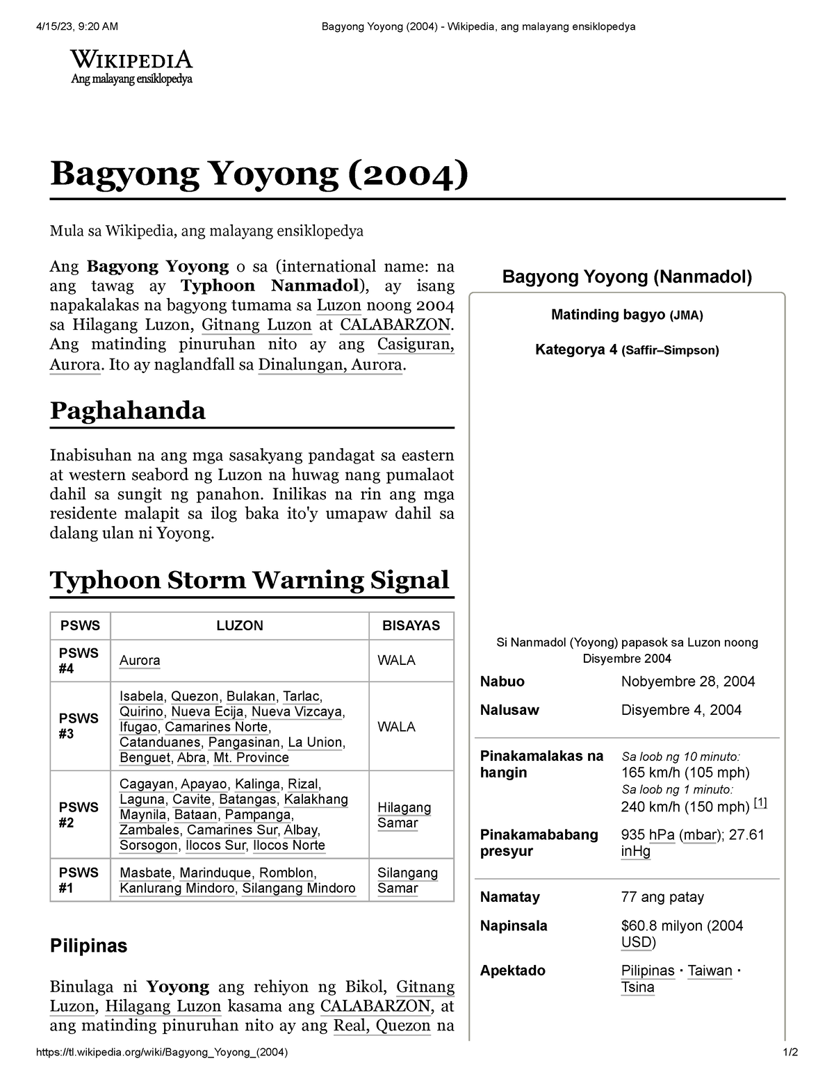 Bagyong Yoyong 2004 Wikipedia Ang Malayang Ensiklopedya 41523