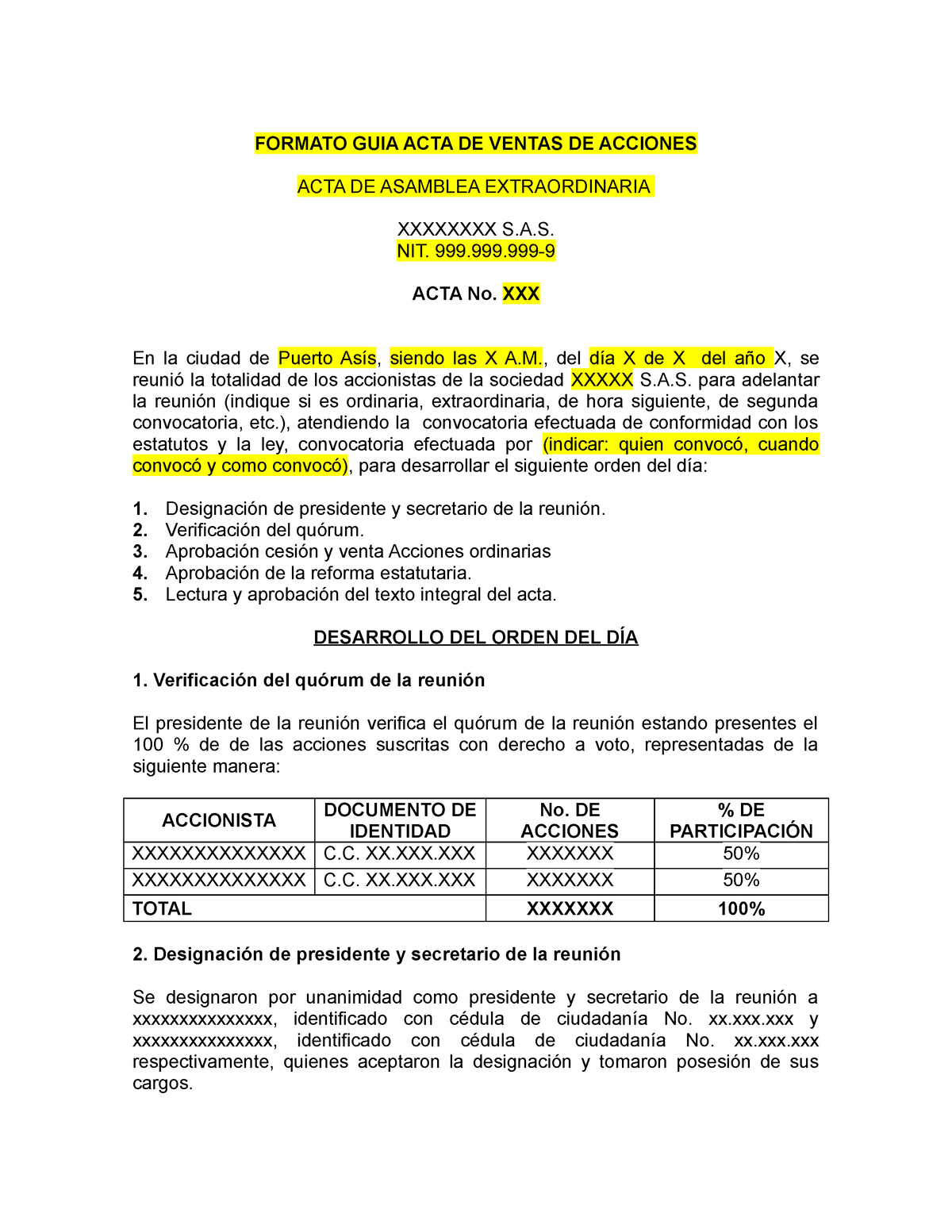 Modelo Acta Venta Acciones Sas Formato Guia Acta De Ventas De