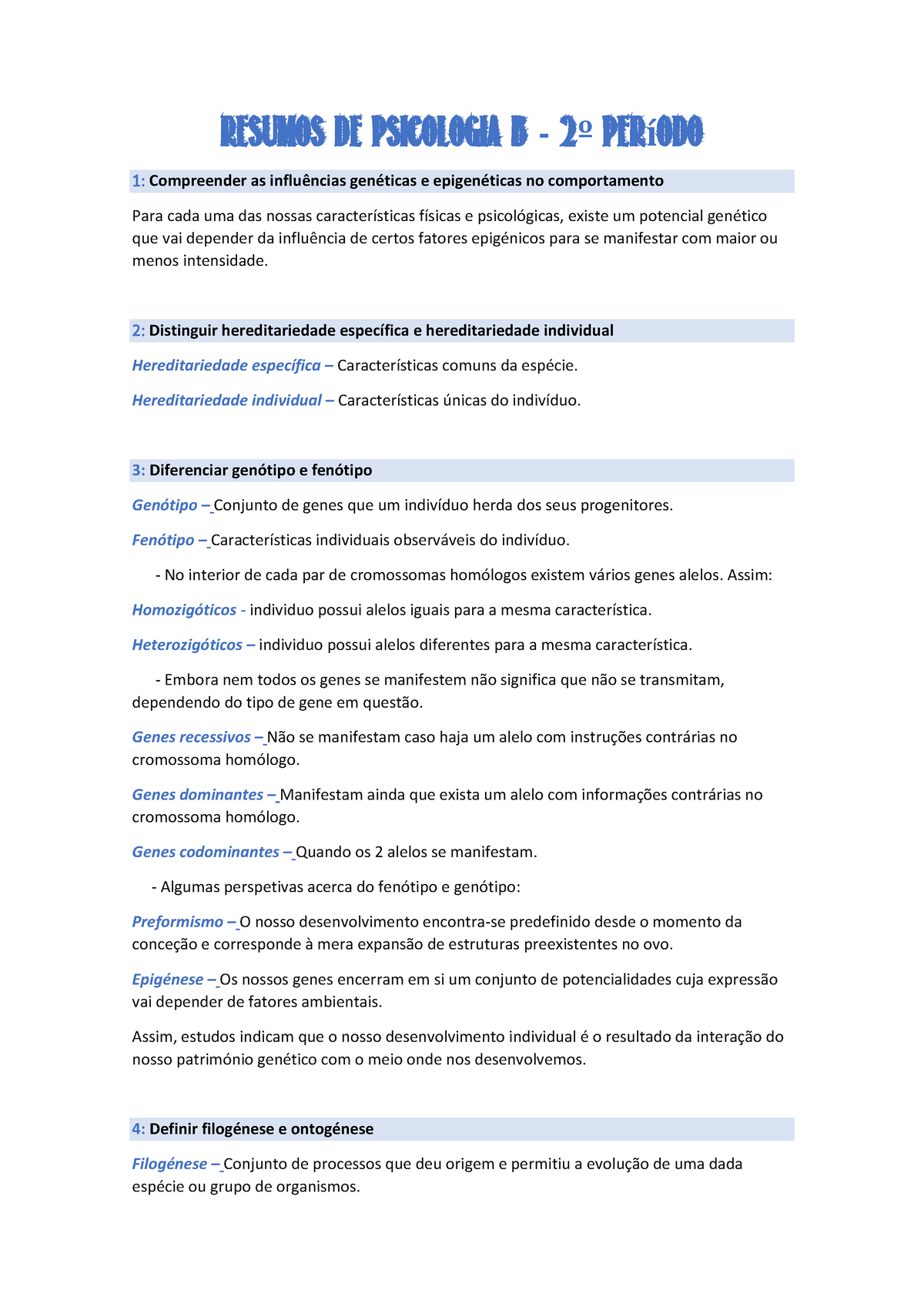 Resumos De Psicologia B 2 Distinguir Hereditariedade Específica E