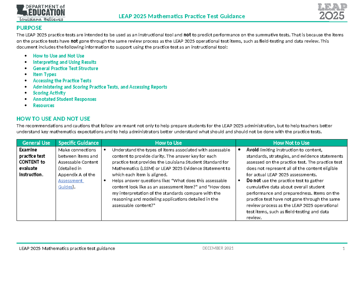 Leap 2025 Mathematics Practice Test Guidance Purpose The Leap 2025