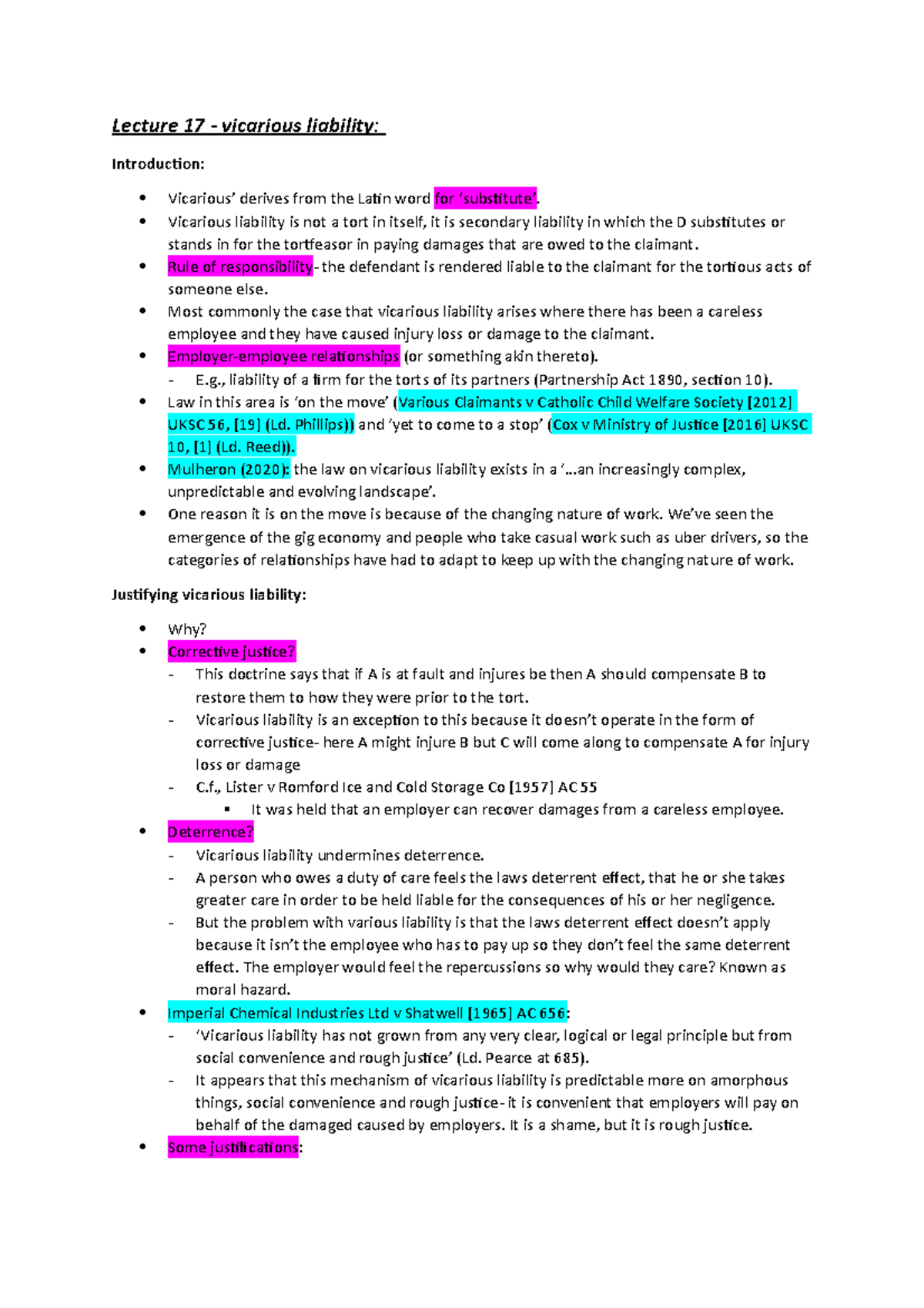 Lecture 17 Vicarious Liability Lecture 17 Vicarious Liability