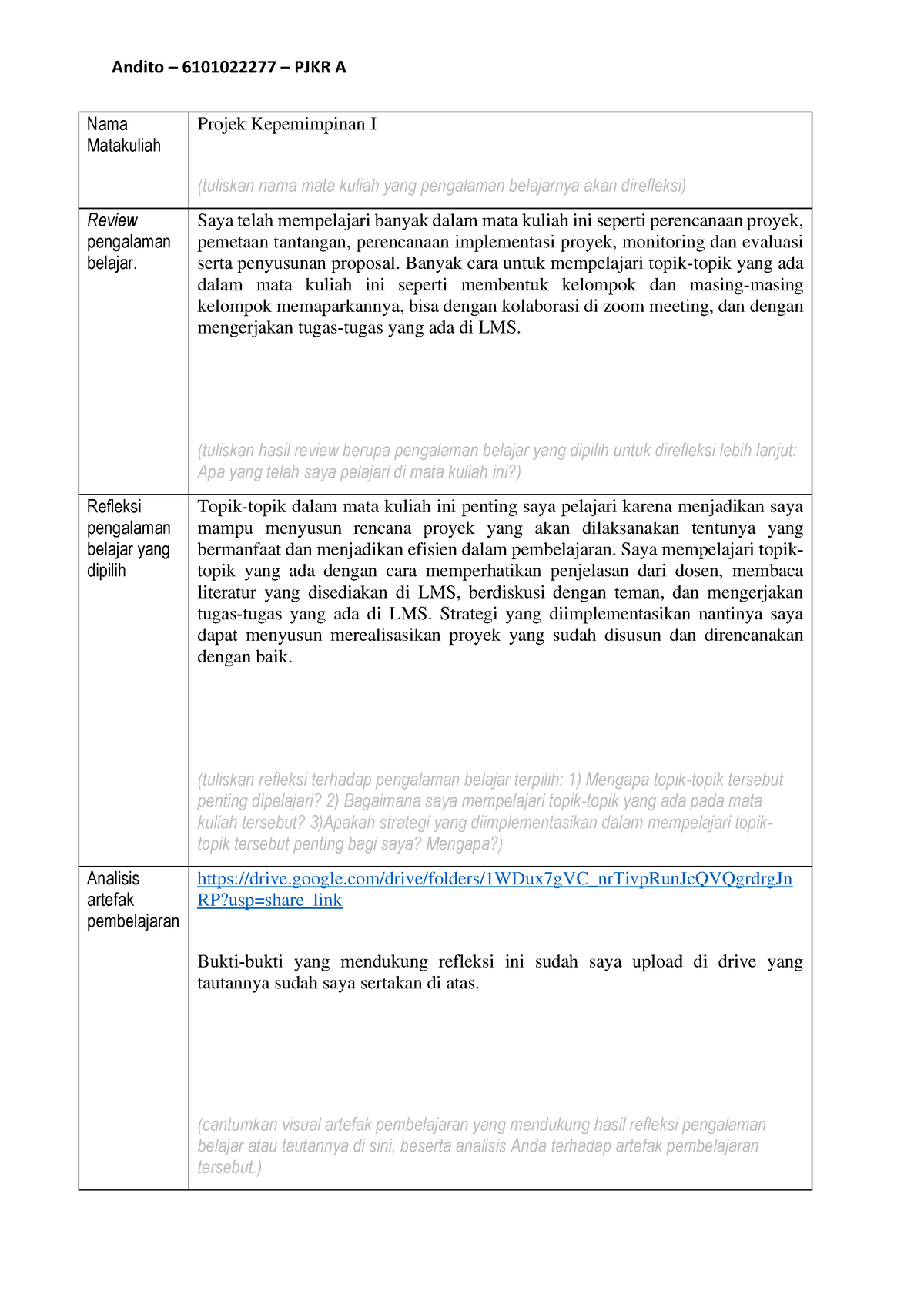 Jurnal Refleksi Andito Projek Kepemimpinan I Andito 6101022277