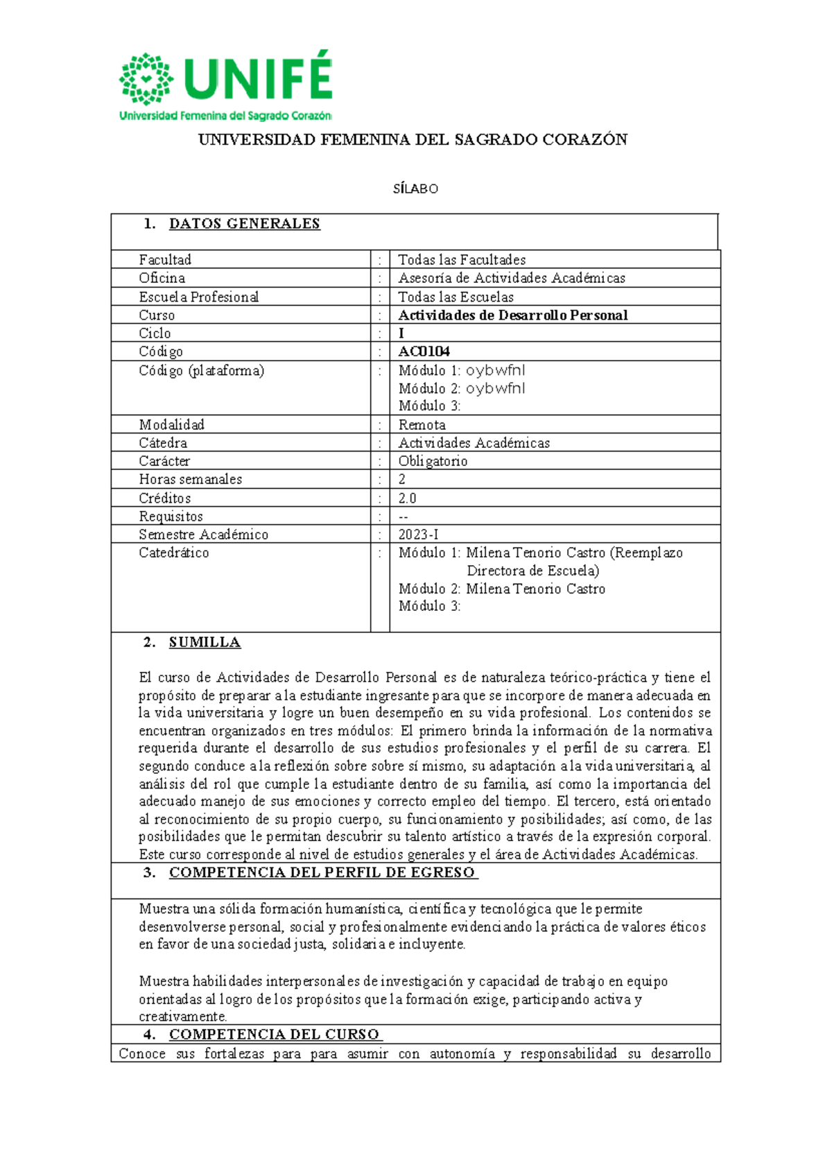 2023 1 Sílabo Actividades De Desarrollo Personal Modulo I Y Módulo Ii