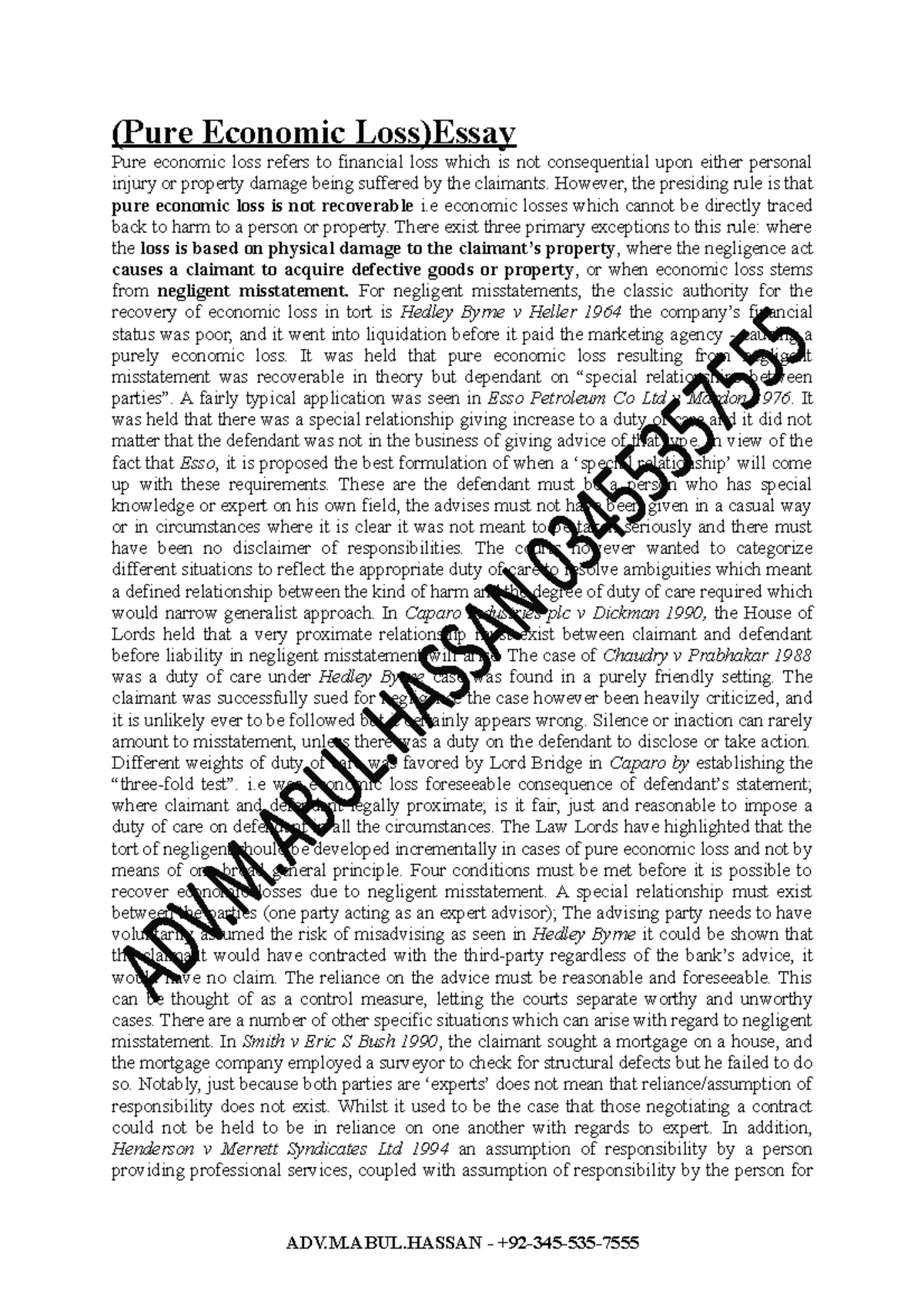 Pure Economic Loss Essay Pure Economic Lossessay Pure Economic Loss