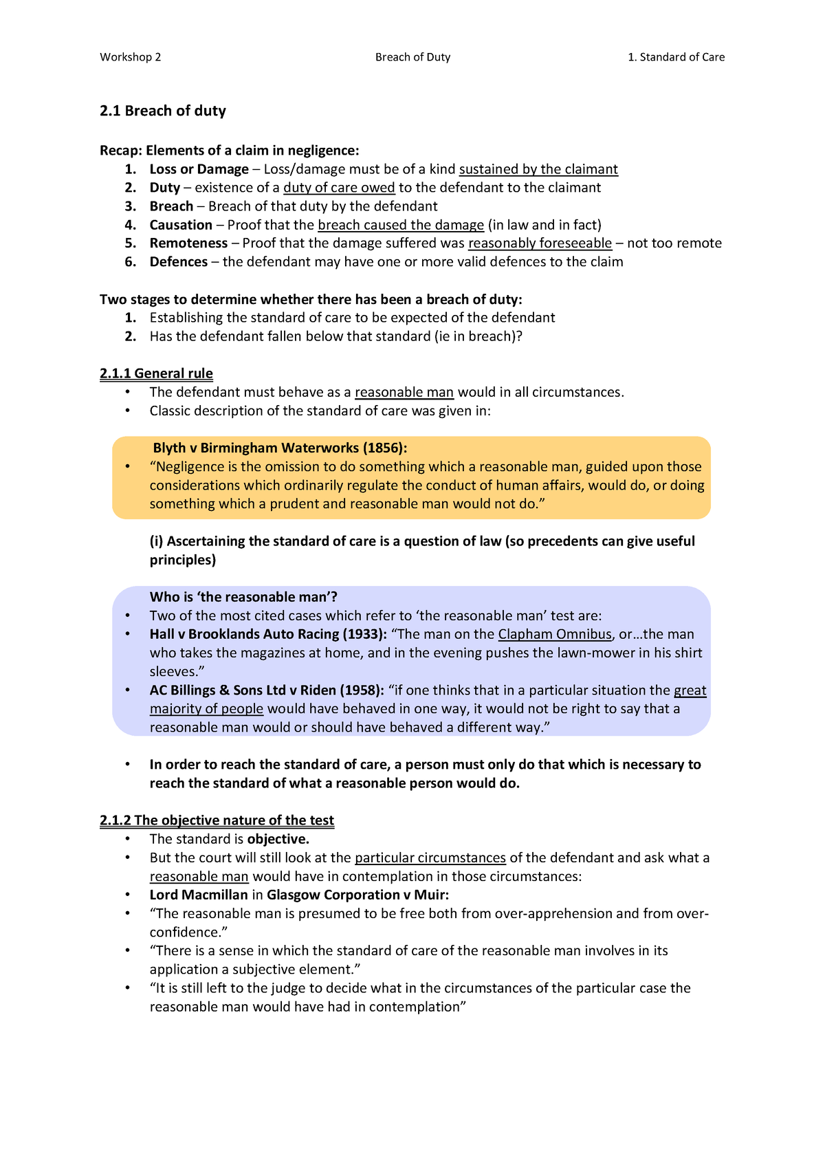 Tort Law 2 Breach Workshop 2 Breach Of Duty 1 Standard Of Care 2