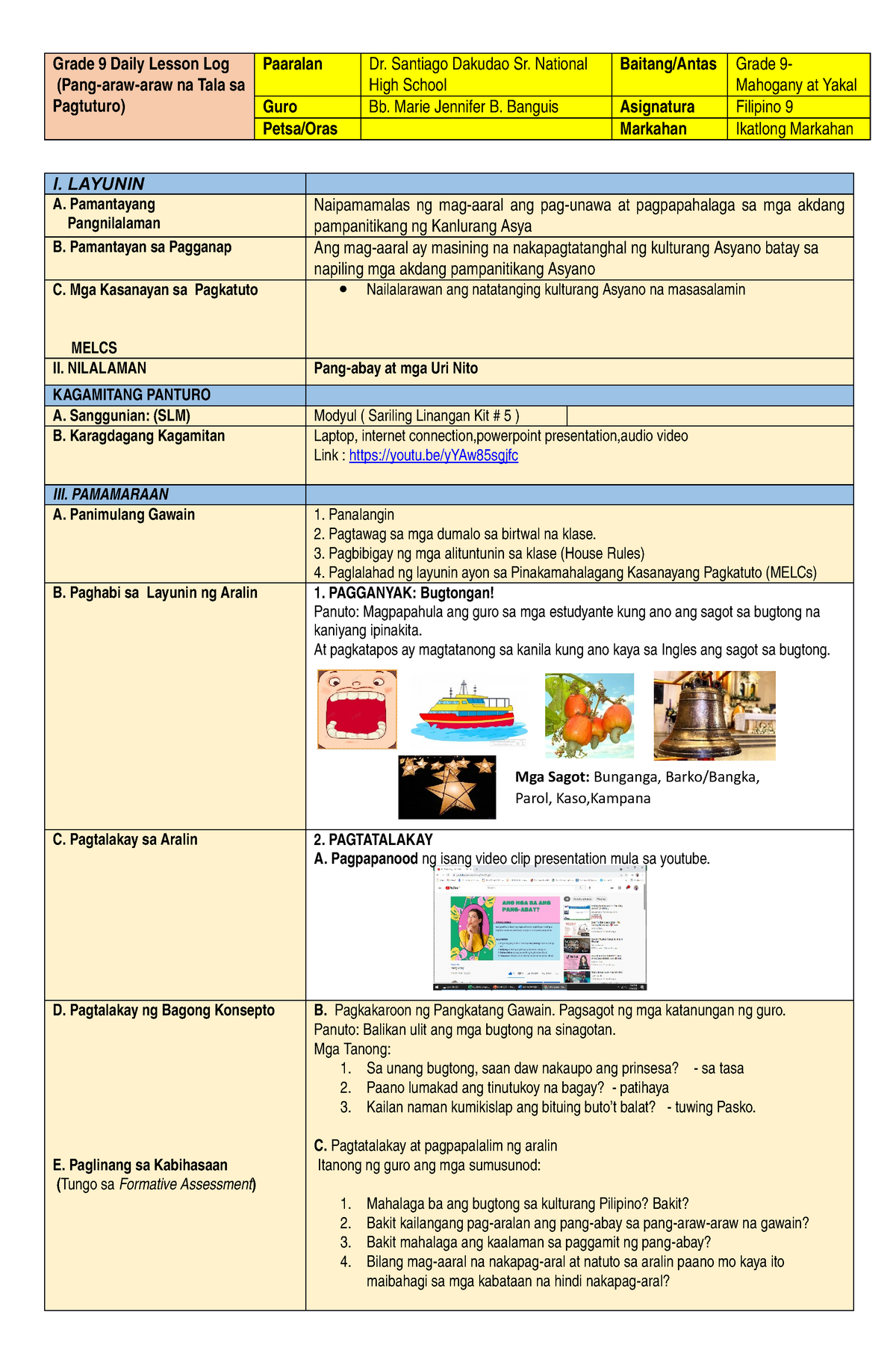 Detailed Lesson Plan In Filipino Lesson Plan In Filipino Lesson Plan