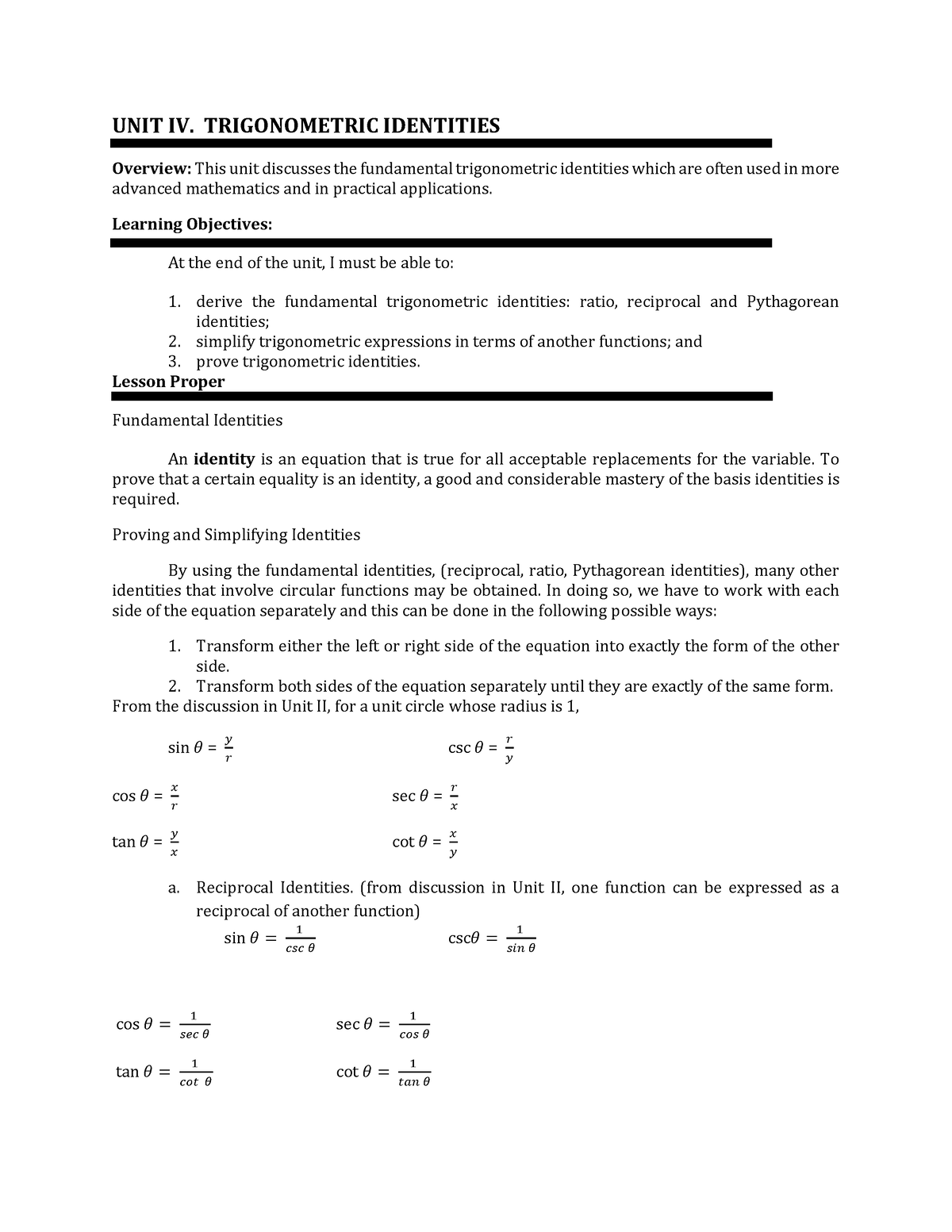 Trigonometry Unit 4 Module Trigonometric Identities Unit Iv