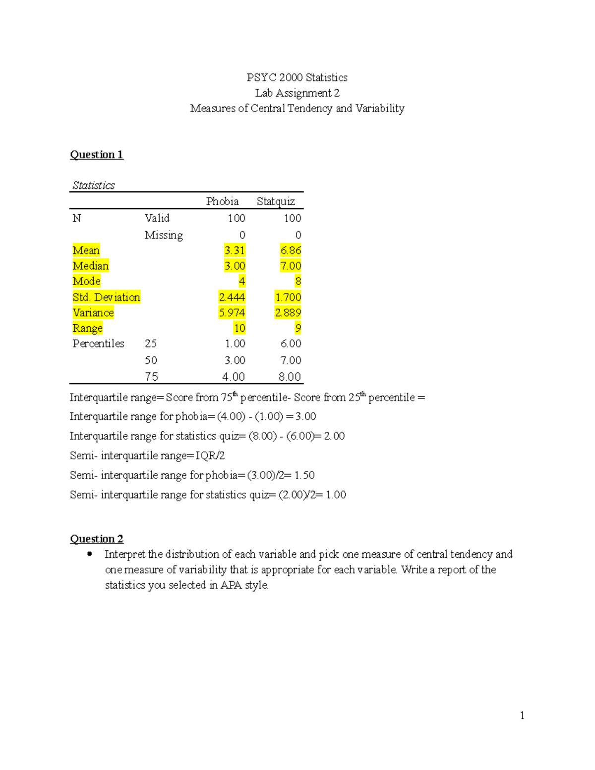 Lab Assignment 2 Measures Of Central Tendency And Variability Psyc