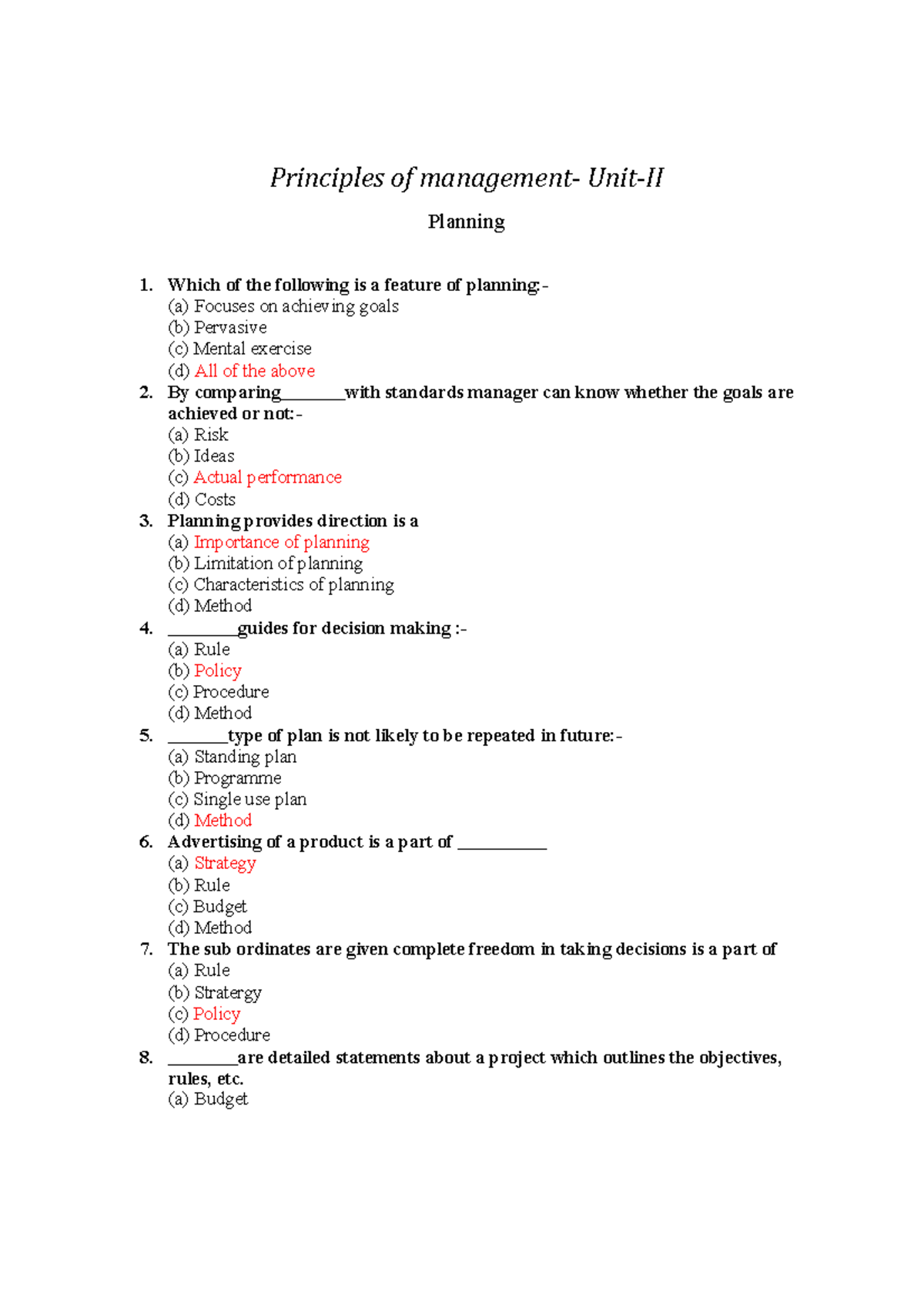 Unit 2 Mcq Principles Of Management Unit Ii Planning 1 Which Of