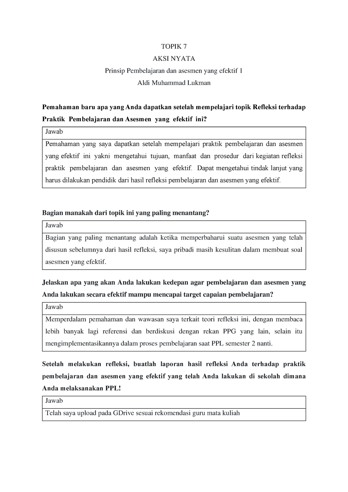 Aksi Nyata Topik Prinsip Pembelajaran Dan Asesmen Aksi Nyata Topik