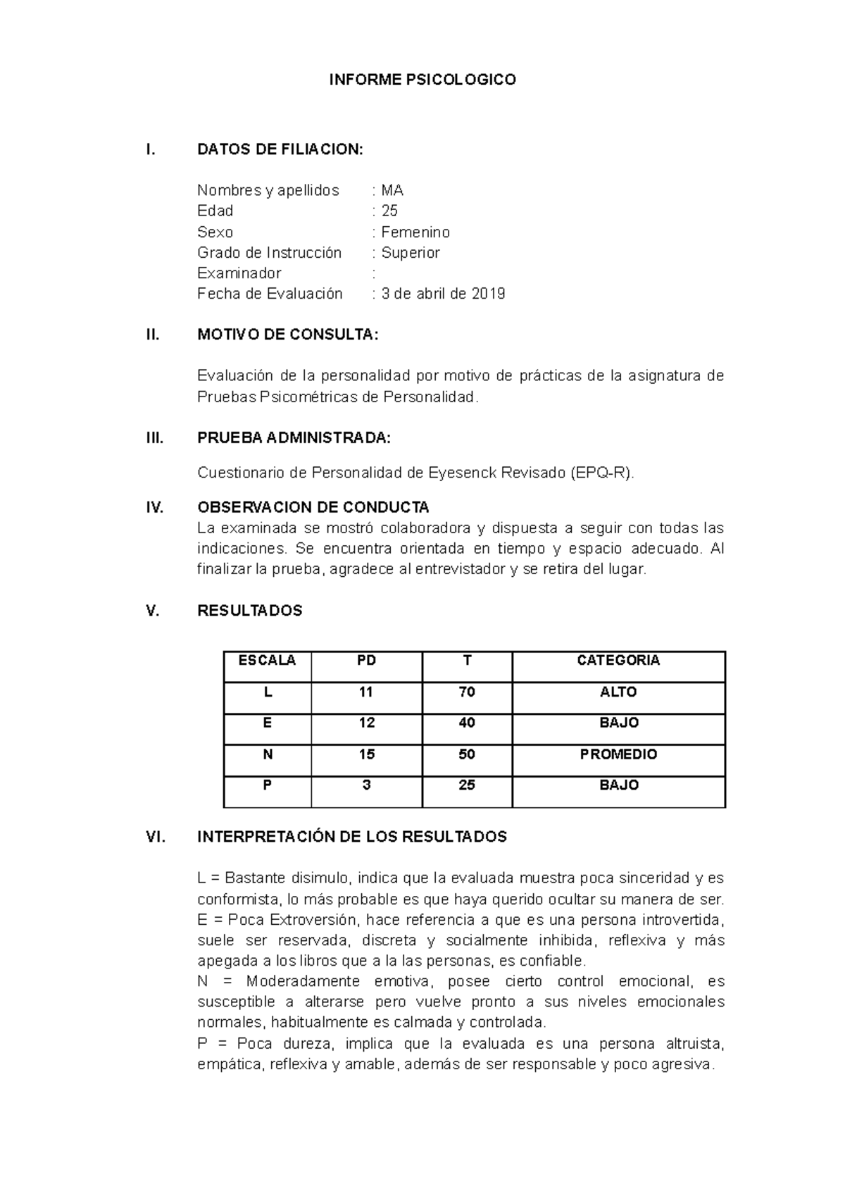 Informe Cuestionario De Personalidad De Eyesenck Revisado Epq R