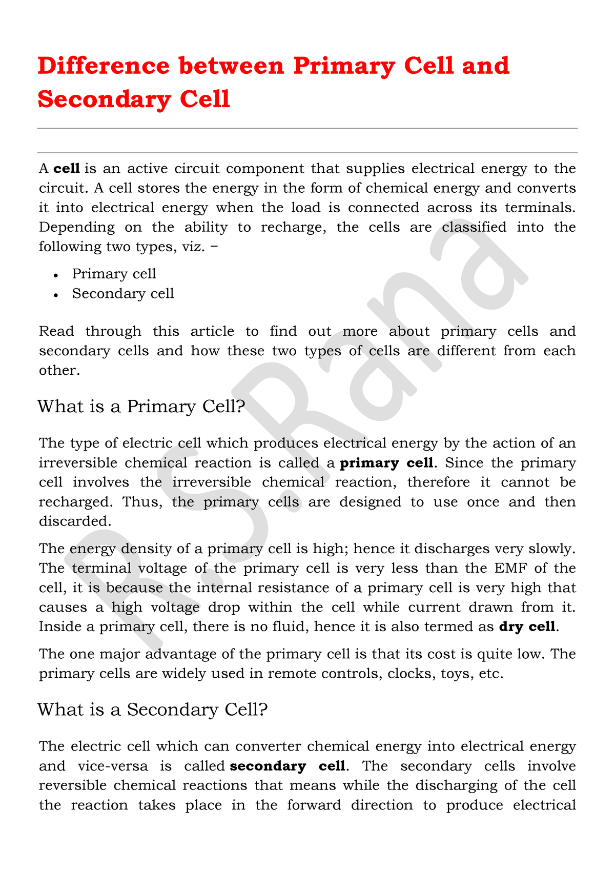 Difference Between Primary Cell And Secondary Cell A Cell Stores The