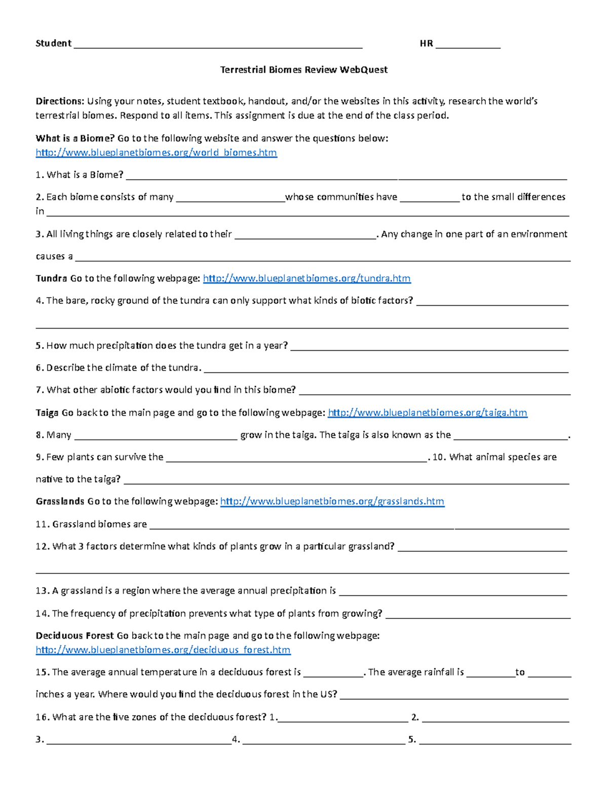 Terrestrial Biomes Review Webquest Data Sheet Student Studocu