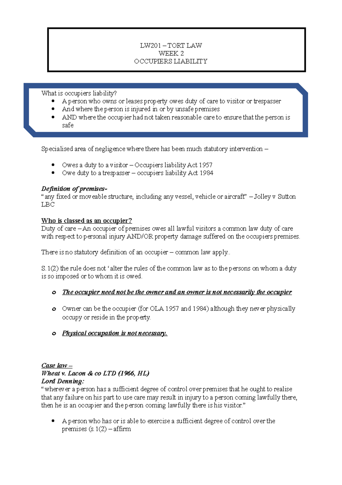 Week 2 Occupiers Liability Lecture Notes Lw201 Tort Law Week 2