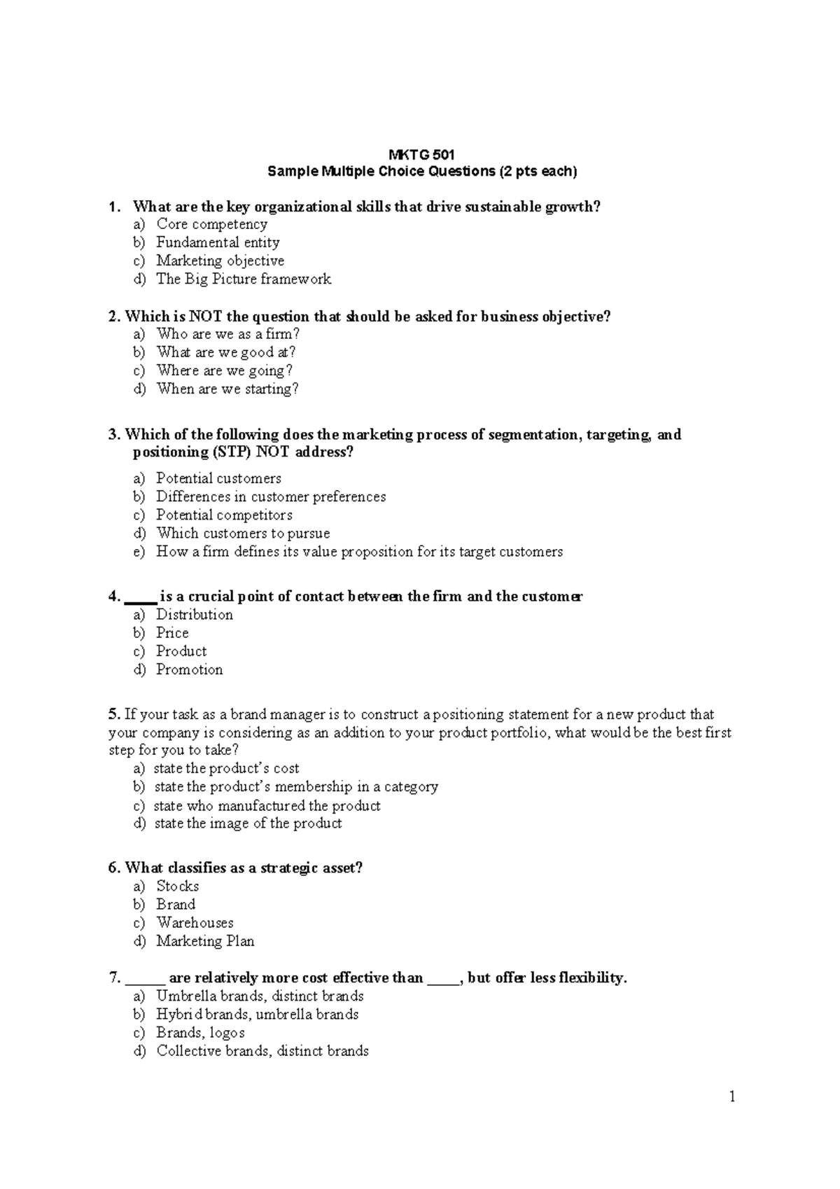 Sample Questions Posted 1 Mktg 501 Sample Multiple Choice Questions