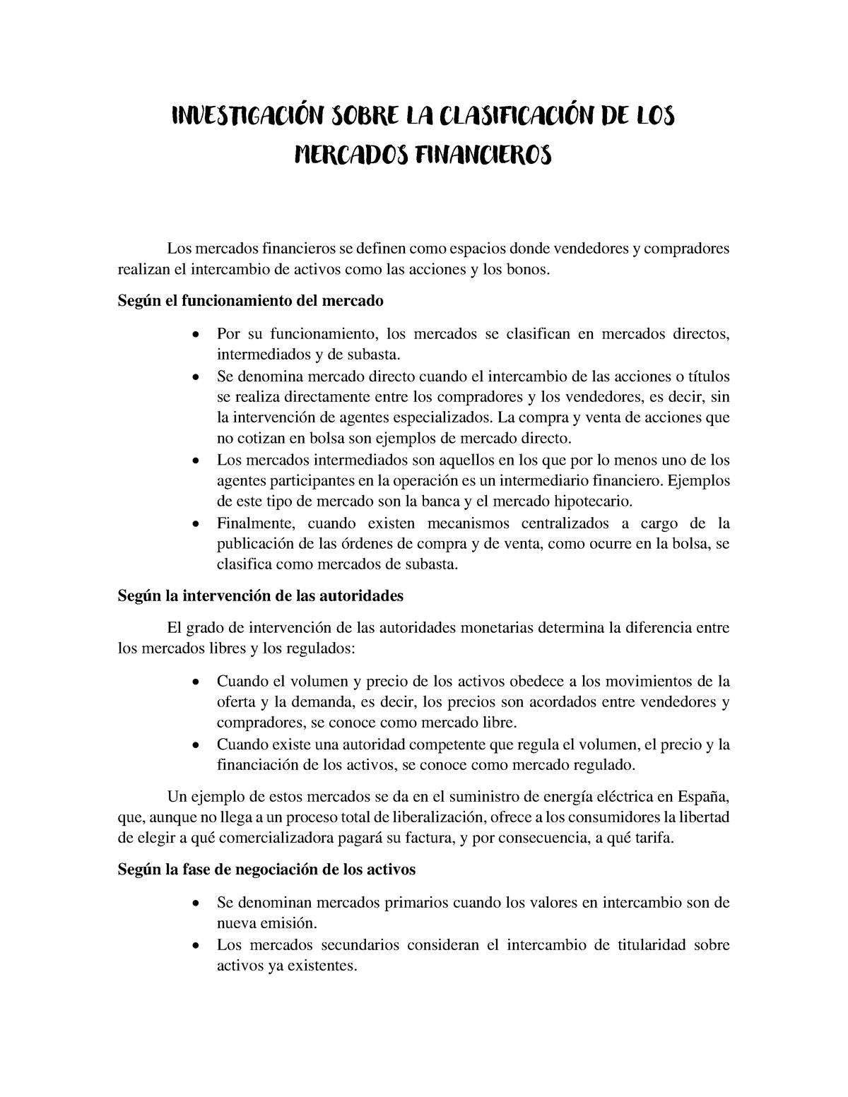 Clasificación De Los Mercados Financieros Investigaci”n Sobre La