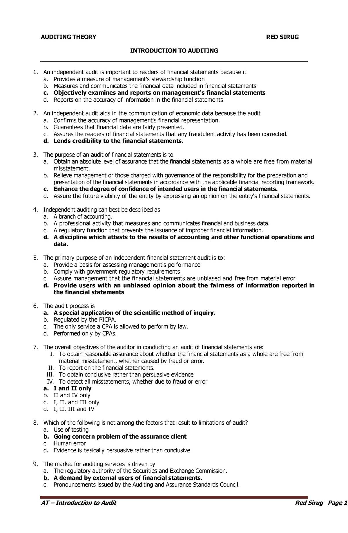 Introduction To Auditing Mcq Auditing Theory Red Sirug Introduction