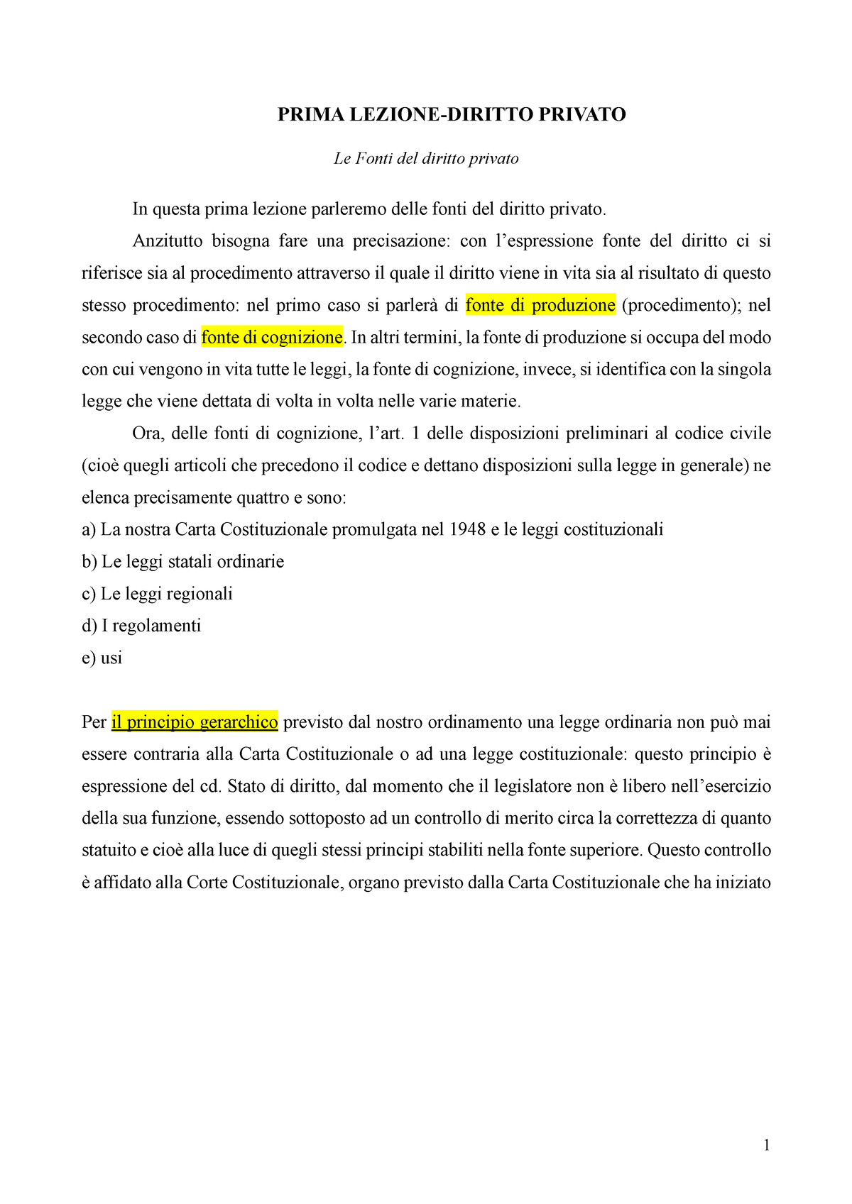 1 Le Fonti Del Diritto Privato Anzitutto Bisogna Fare Una