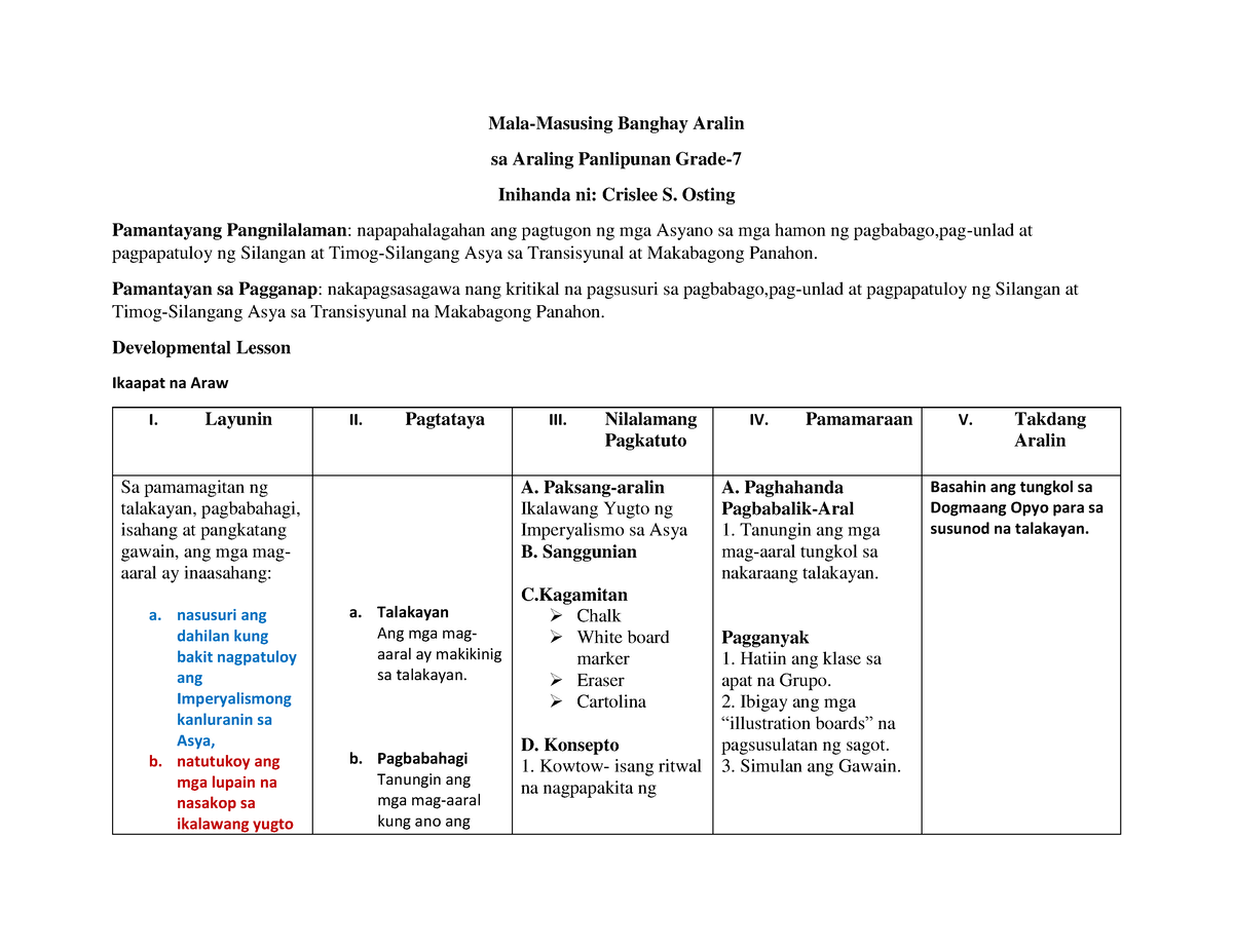 Lp4 Lesson Plan 4 Mala Masusing Banghay Aralin Sa Araling