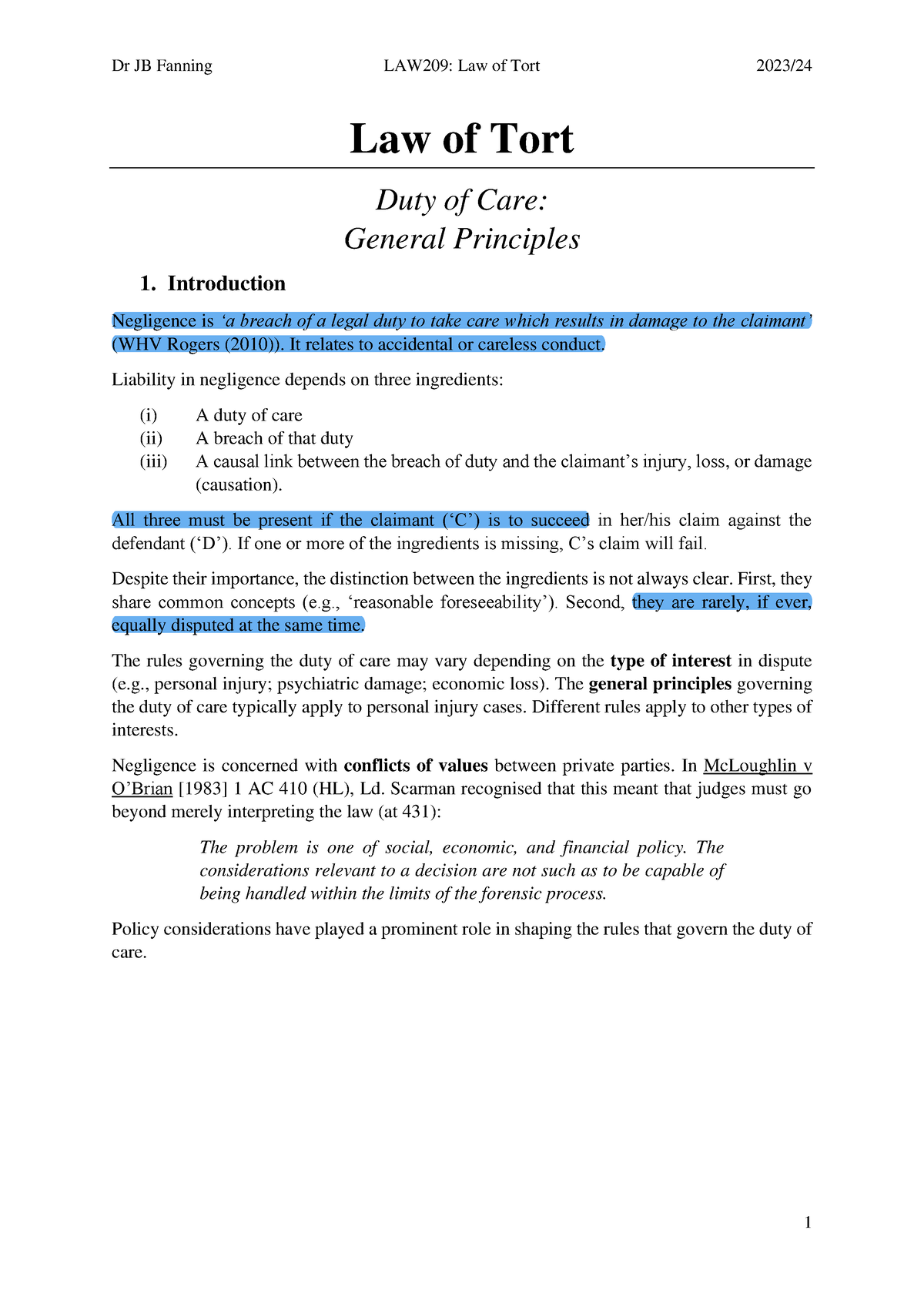 Law209 Duty Of Care General Principles Handout Law Of Tort Duty