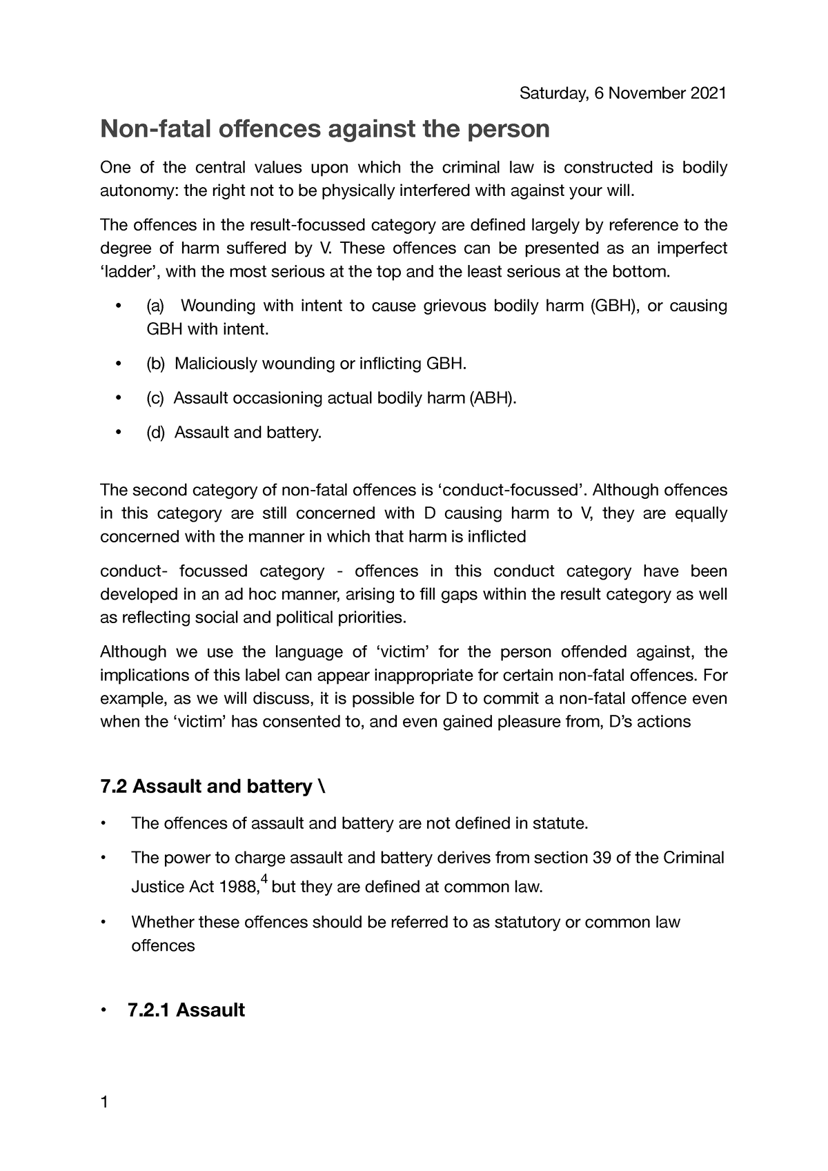 Non Fatal Offences Against The Person Notes Non Fatal Offences