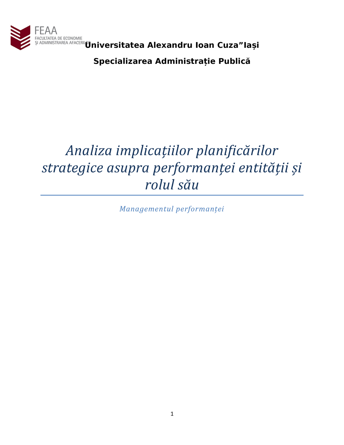 Proiect Managementul Performantei Universitatea Alexandru Ioan