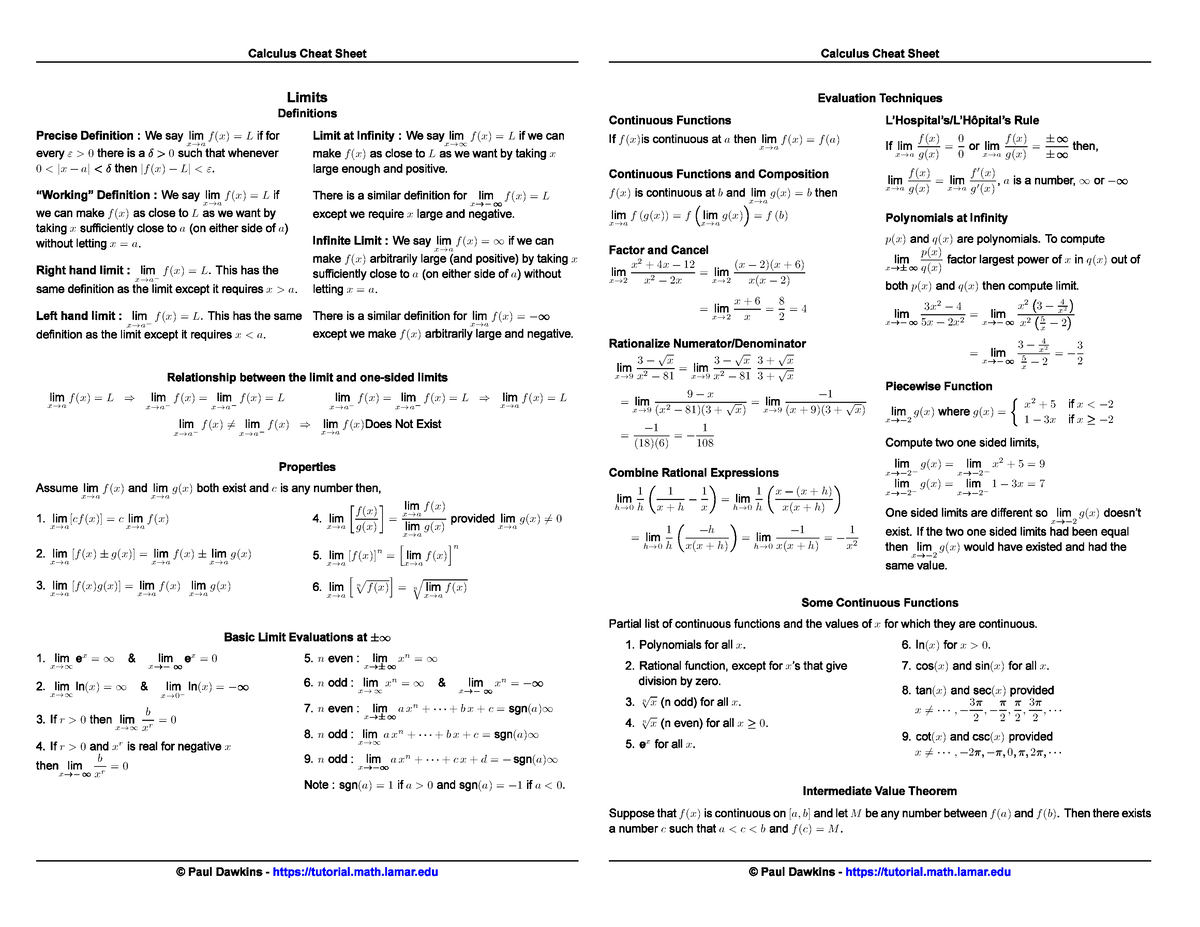 Calculus Cheat Sheet Limits Reduced Studocu