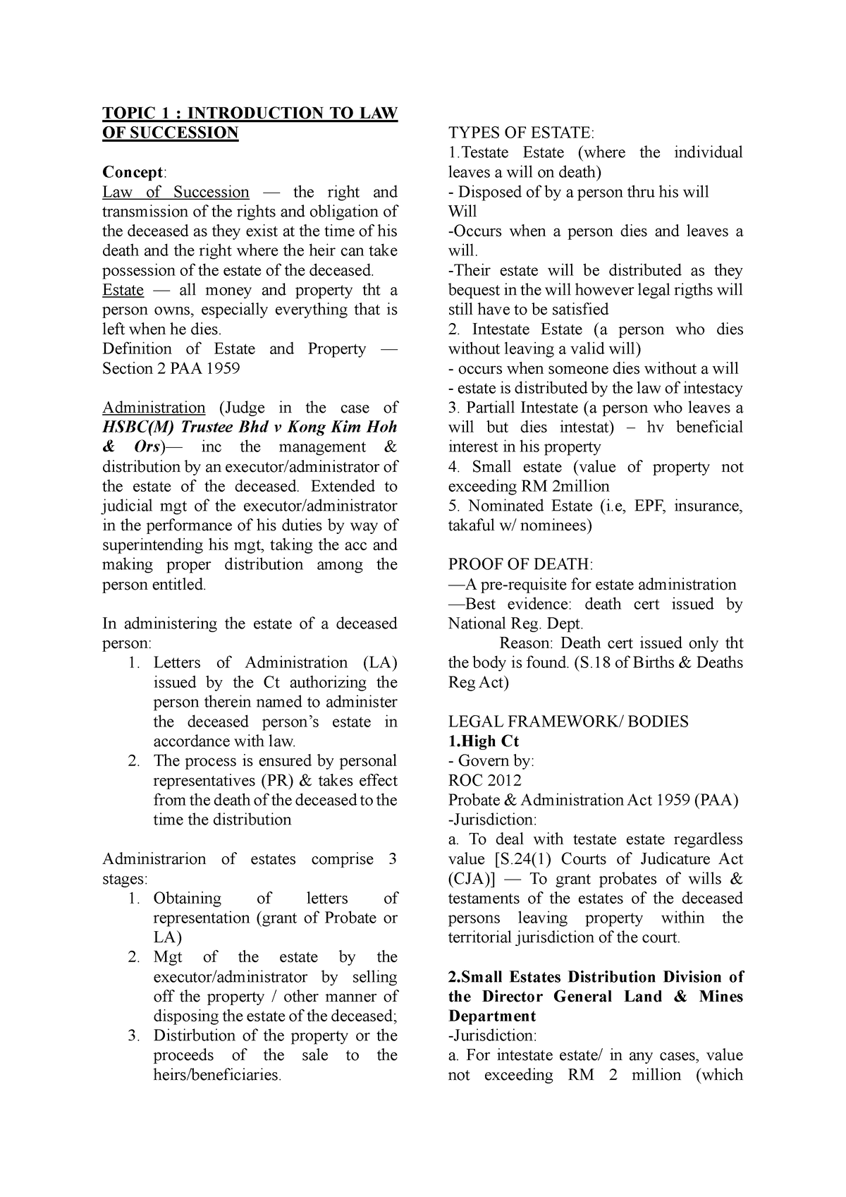 Succession And Probate Notes Topic 1 Introduction To Law Of