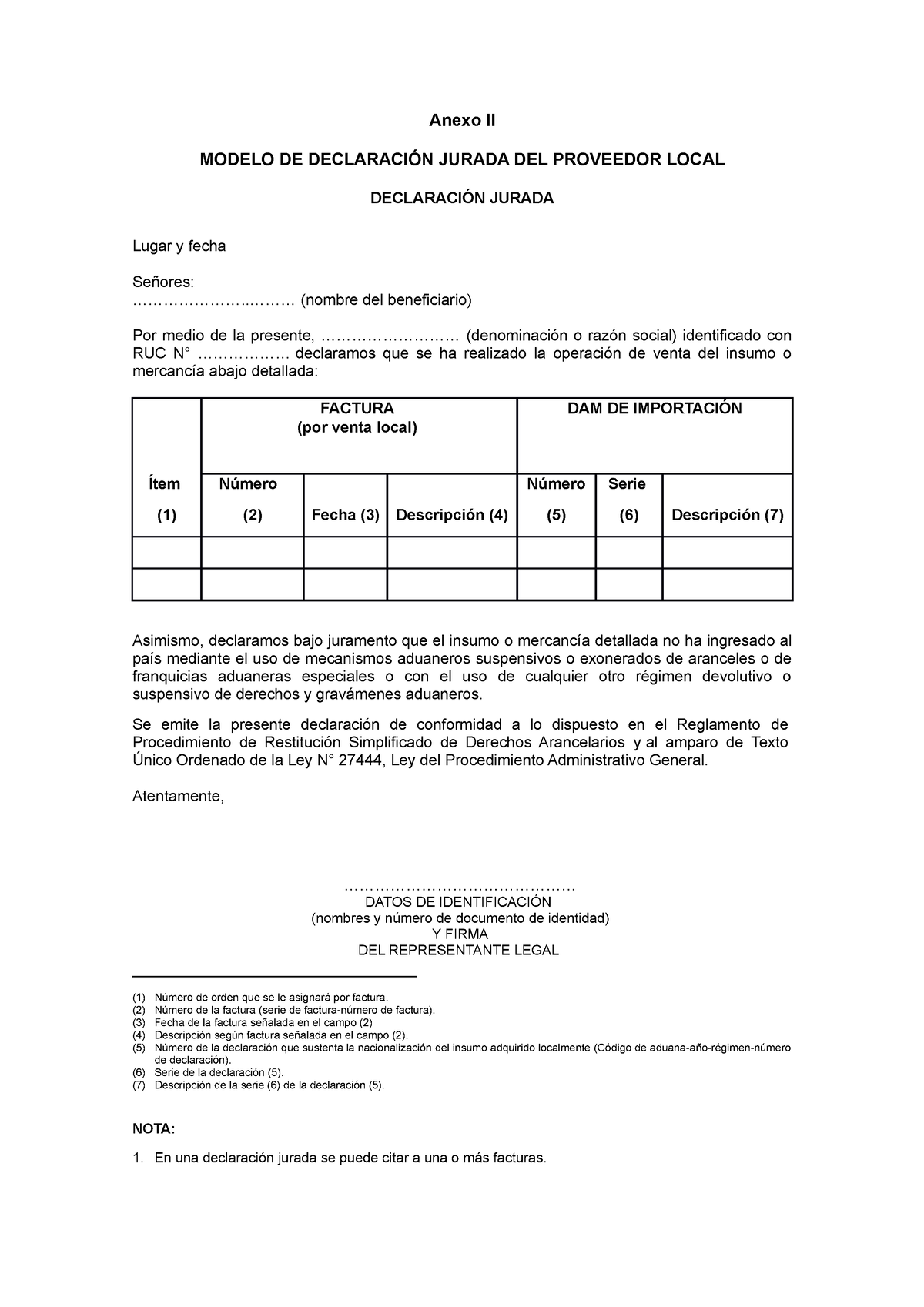 Modelo Ddjj Taller De Contabilidad Anexo Ii Modelo De DeclaraciÓn